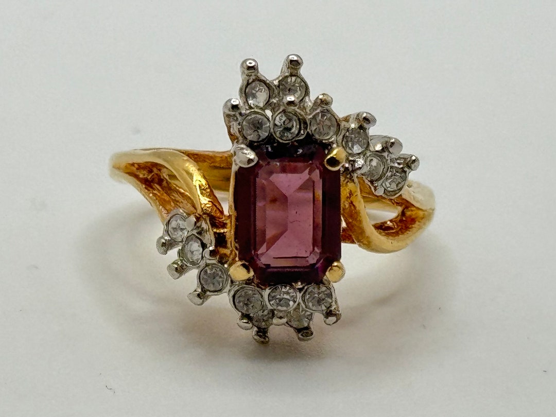 Vintage 1980s 18K GE Cocktail Ring - Faux Glass Amethyst - Rhinestone ...