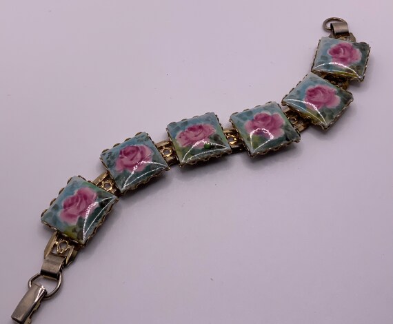 Vintage 1950s/60s Rose Motif Ceramic Tile Gold Tone B… - Gem