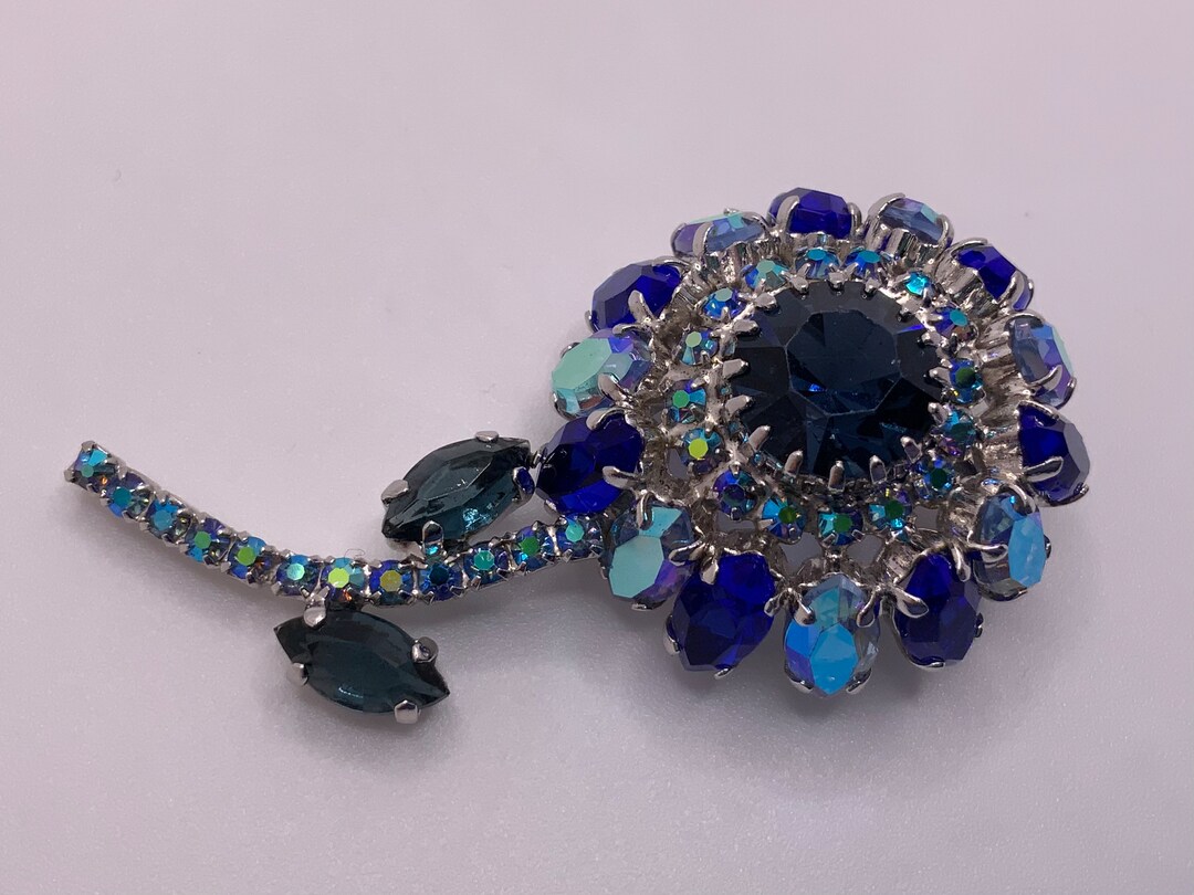 Vintage Blue Rhinestone Flower Brooch - Etsy