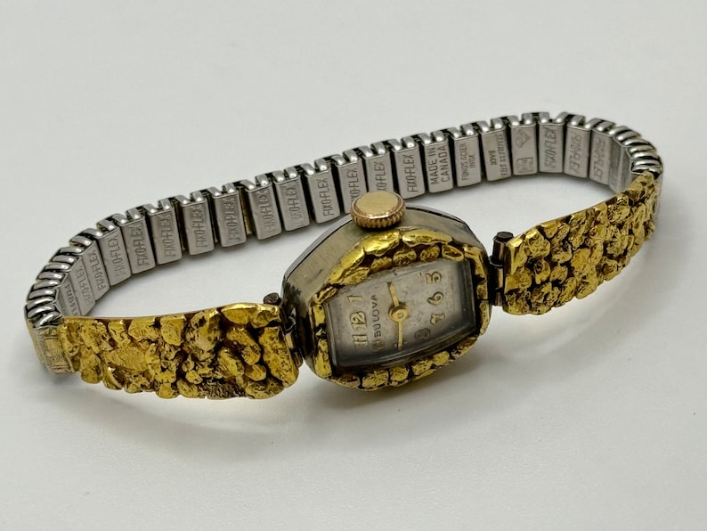 Vintage 1960s Genuine Gold Nugget BULOVA Ladies Watch - 10k Gold Panels ...