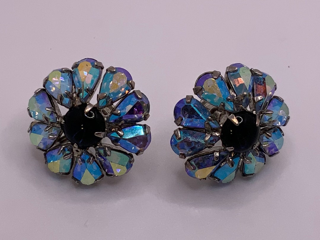 Vintage 1950s/60s Rhinestone Clip on Earring - AB Blue Rhinestones ...