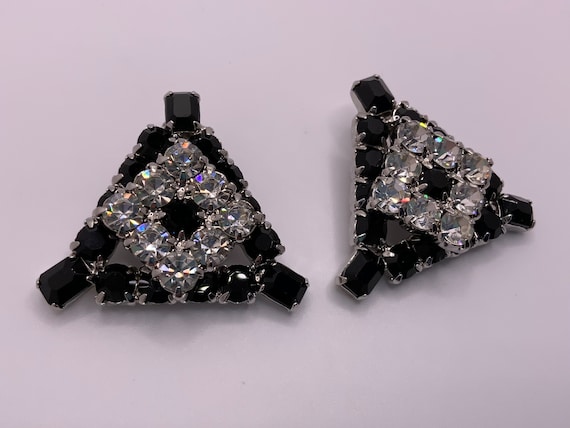 Vintage 1960s Statement Rhinestone Clip on Earrings Black and Clear Rhinestone Triangle Shaped Large Vintage Earrings Etsy