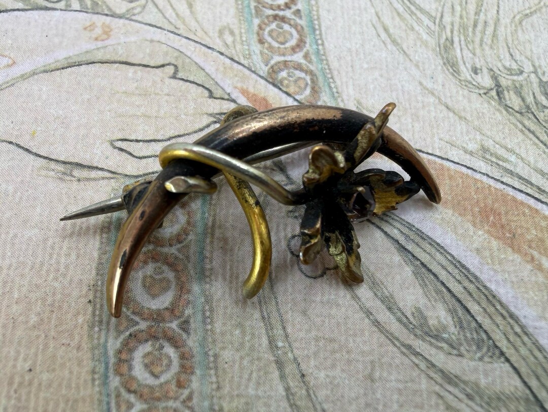 Antique MF & W Purple Paste Stone Flower and Crescent Moon Small Brooch ...