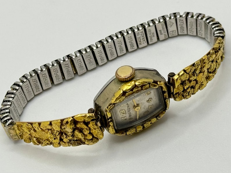 Vintage 1960s Genuine Gold Nugget BULOVA Ladies Watch - 10k Gold Panels ...