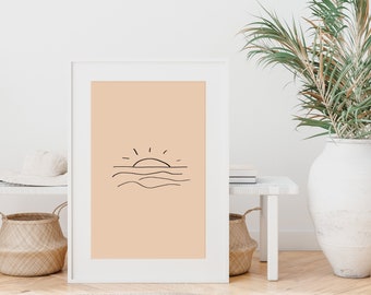 Sun line drawing sunset over ocean minimalist art print | Etsy