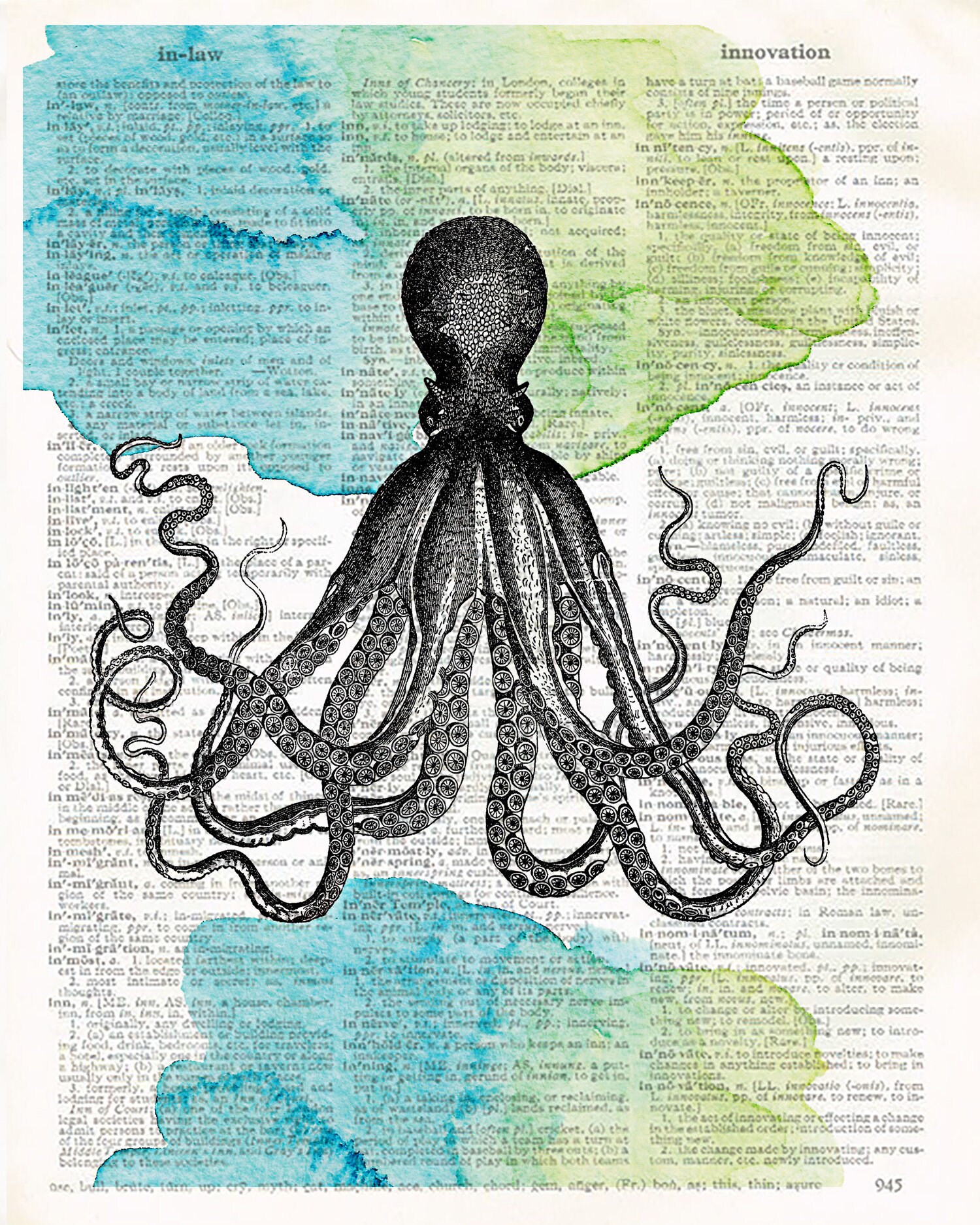 Vintage Octopus Illustration Art Print on Book Page Paper - Etsy