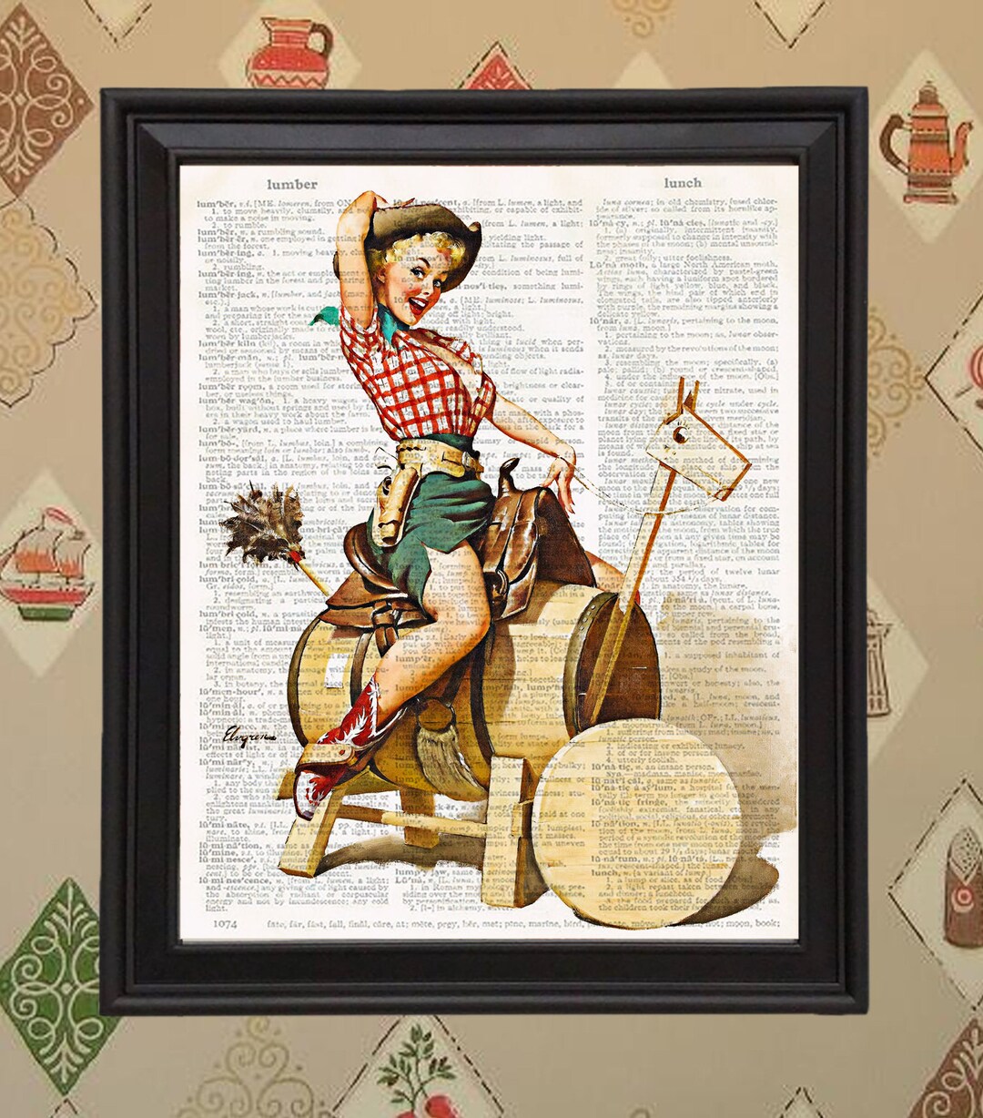 Gil Elvgren Retro Cowgirl Pinup Riding Horse Barrel Art Print on ...