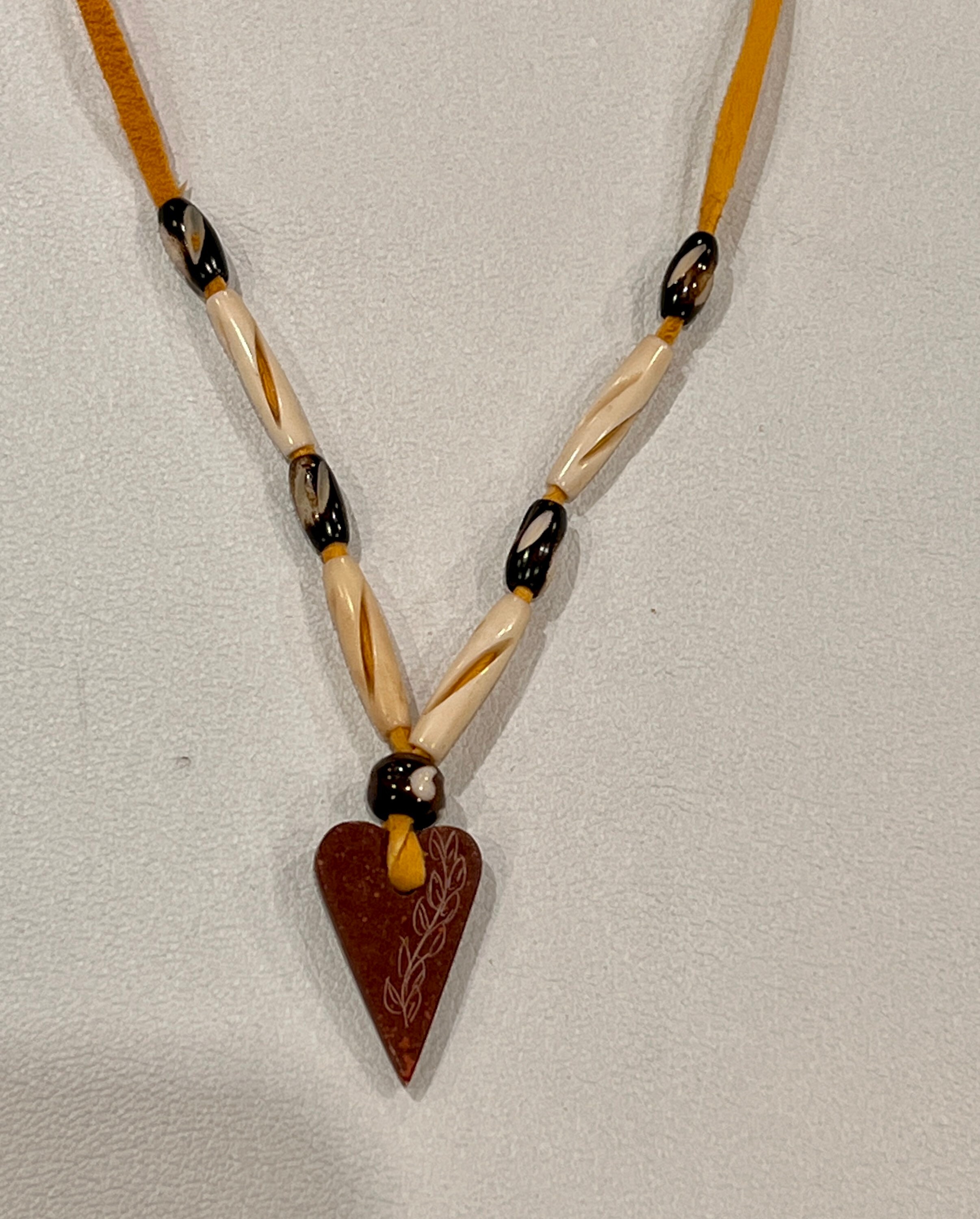 Catlinite Pipestone Necklace- Native American Made- Buckskin - Buffalo Bone