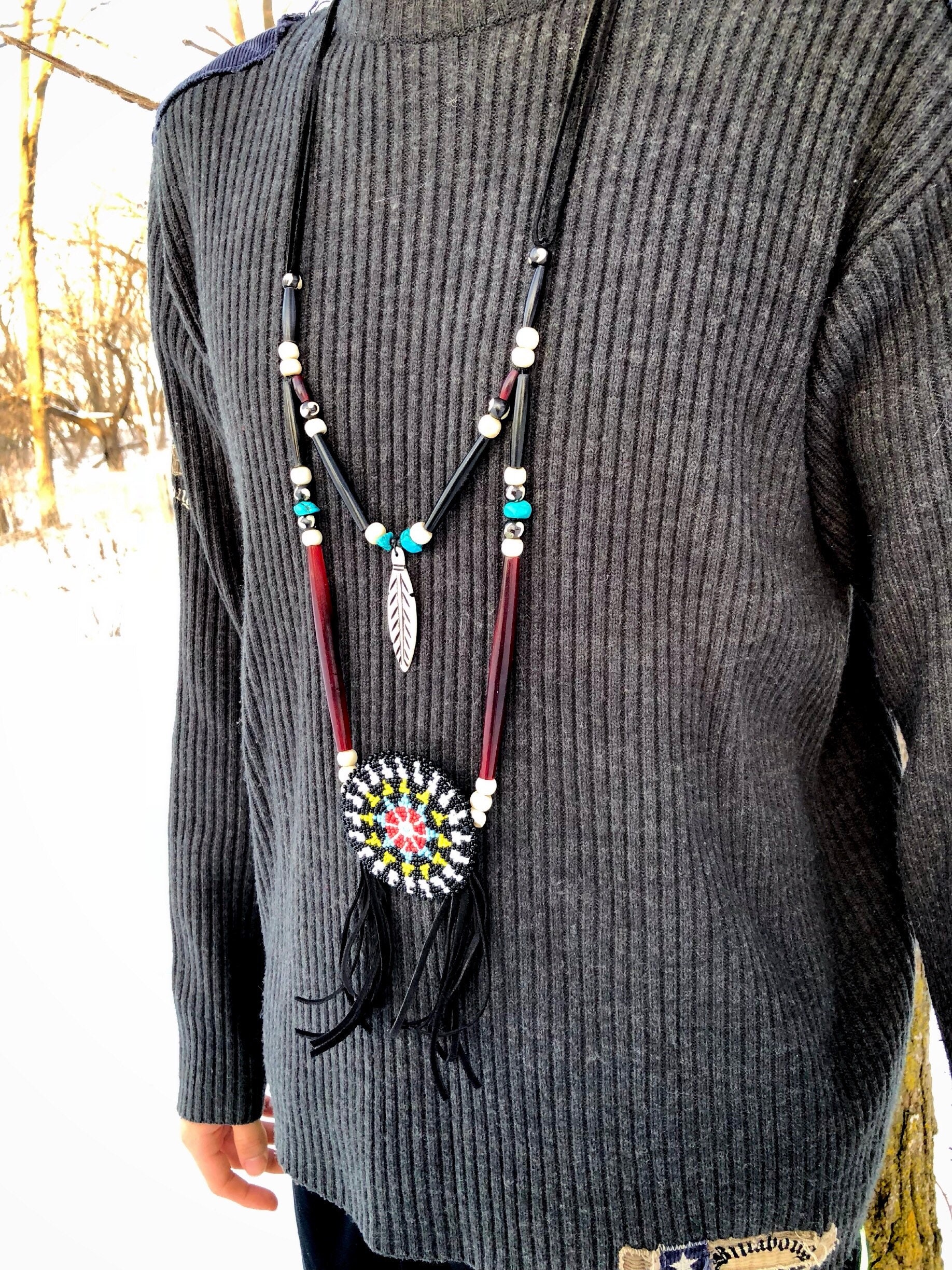 Native American Beaded Medallion Necklace - Hand Carved Buffalo Bome ...