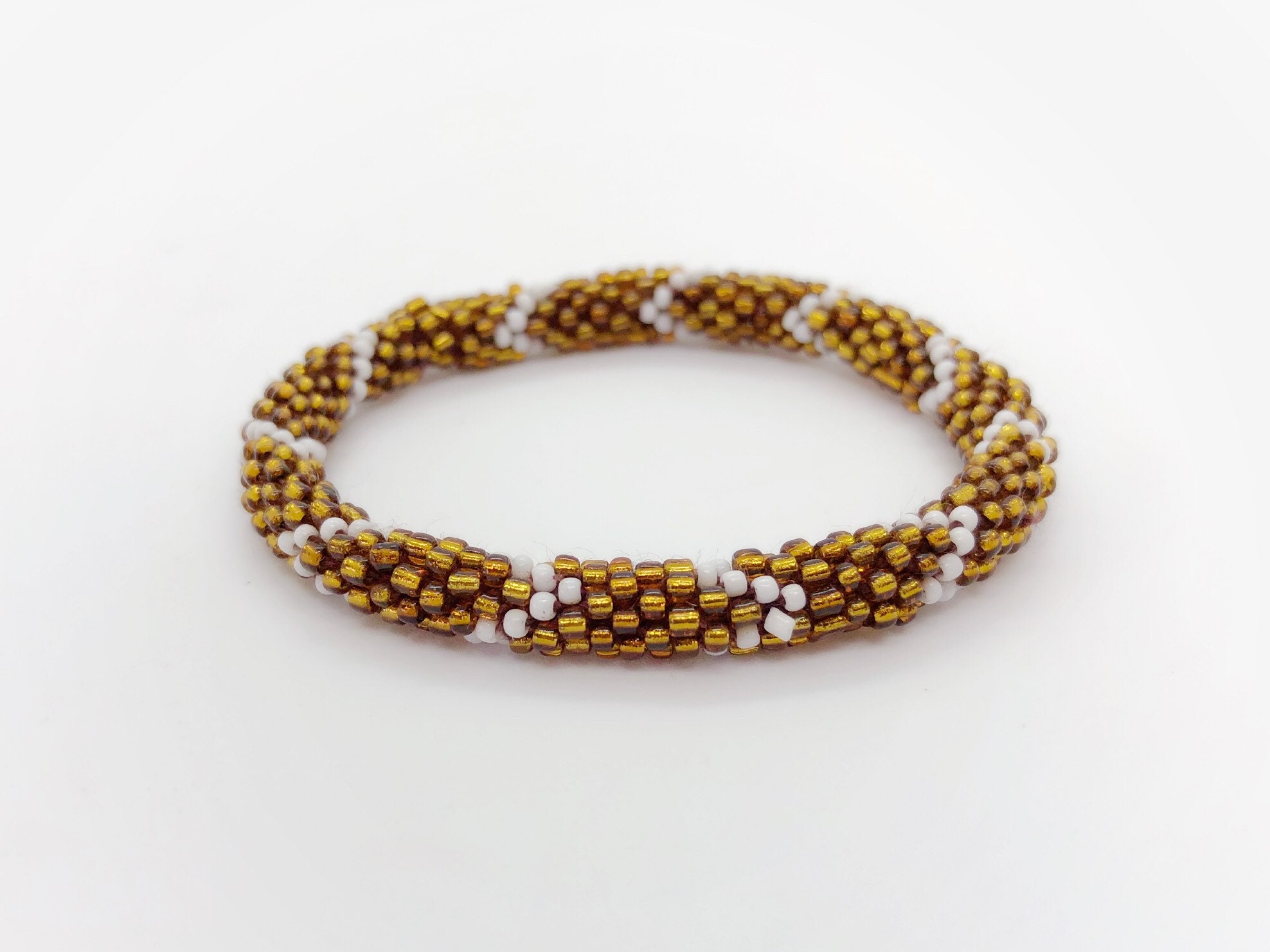 Beaded Bangle Bracelet - Roll On Bracelet - Gold/Copper Color and White ...