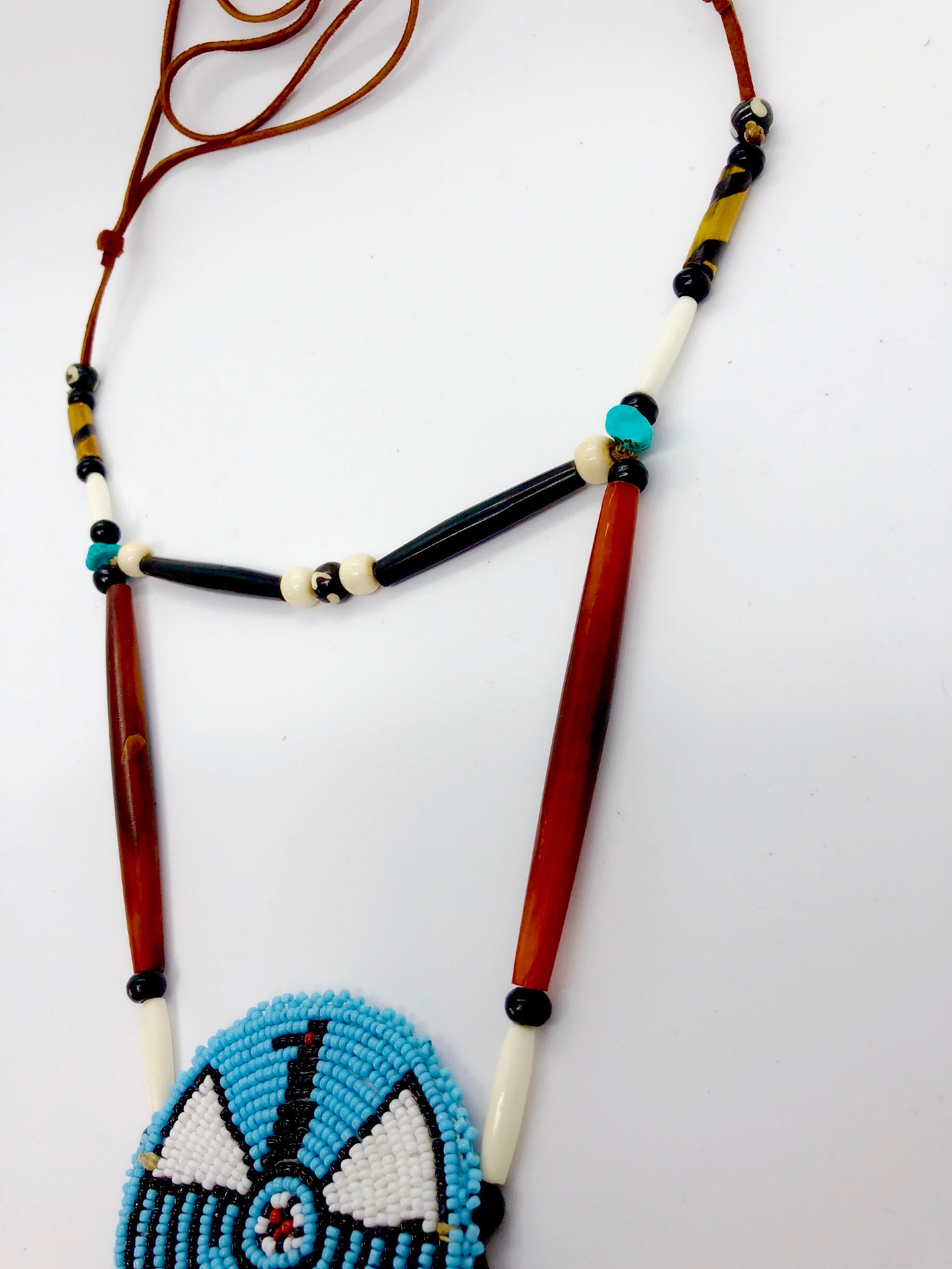 Native American Beaded Medallion Necklace - Turquoise - Buffalo Horn ...