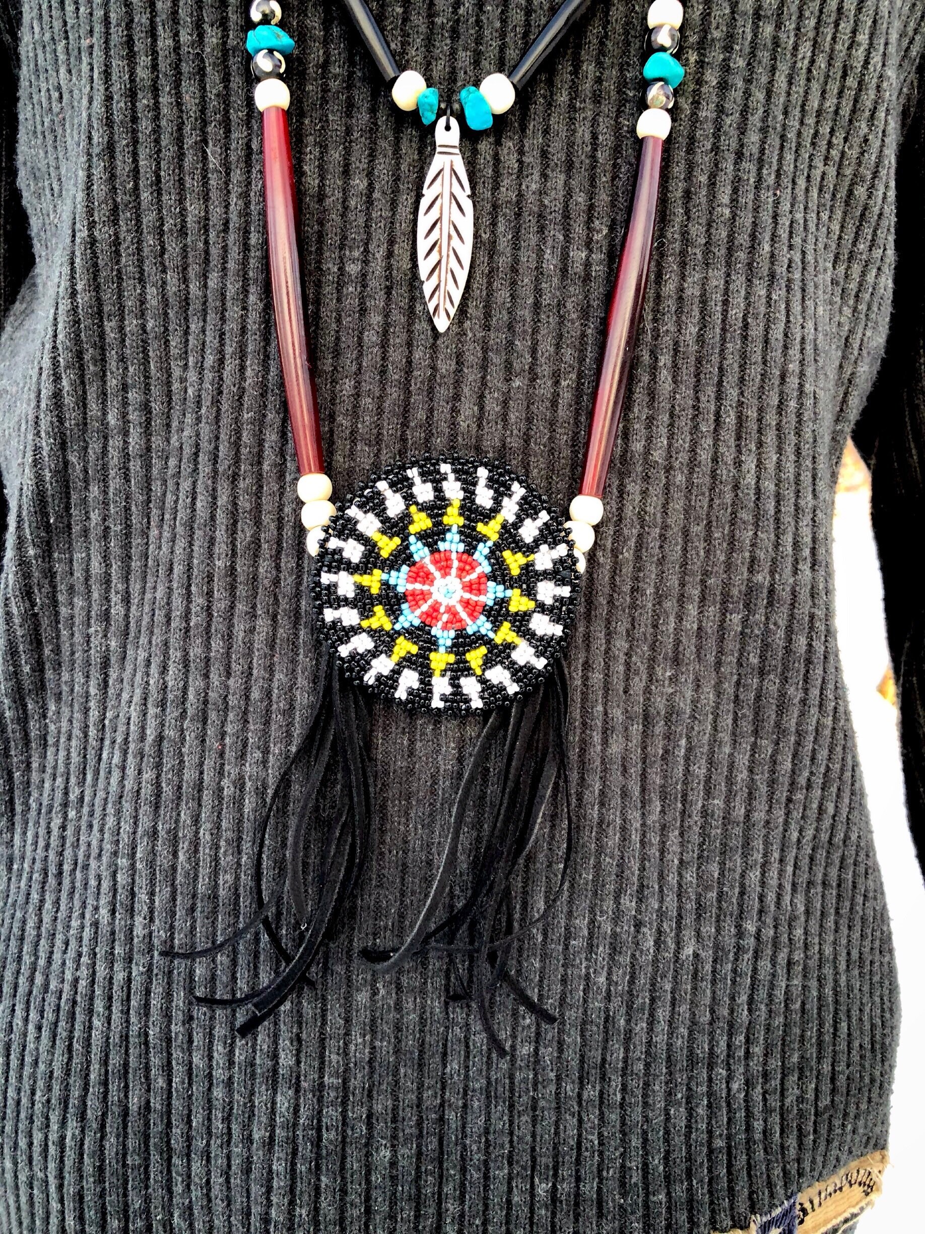 Native American Beaded Medallion Necklace - Hand Carved Buffalo Bome ...
