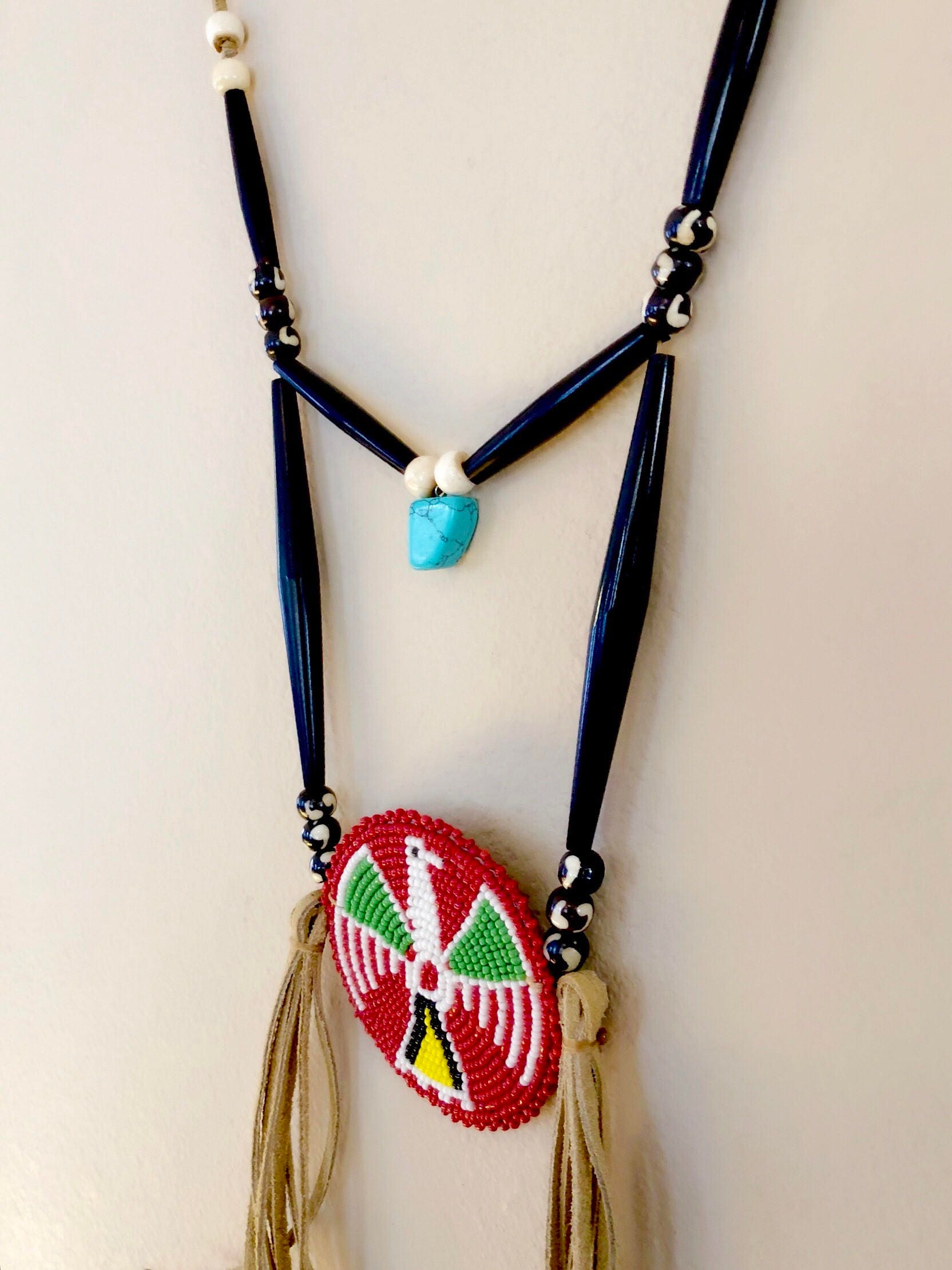 Native American Beaded Medallion Necklace - Turquoise Pendant - Buffalo ...