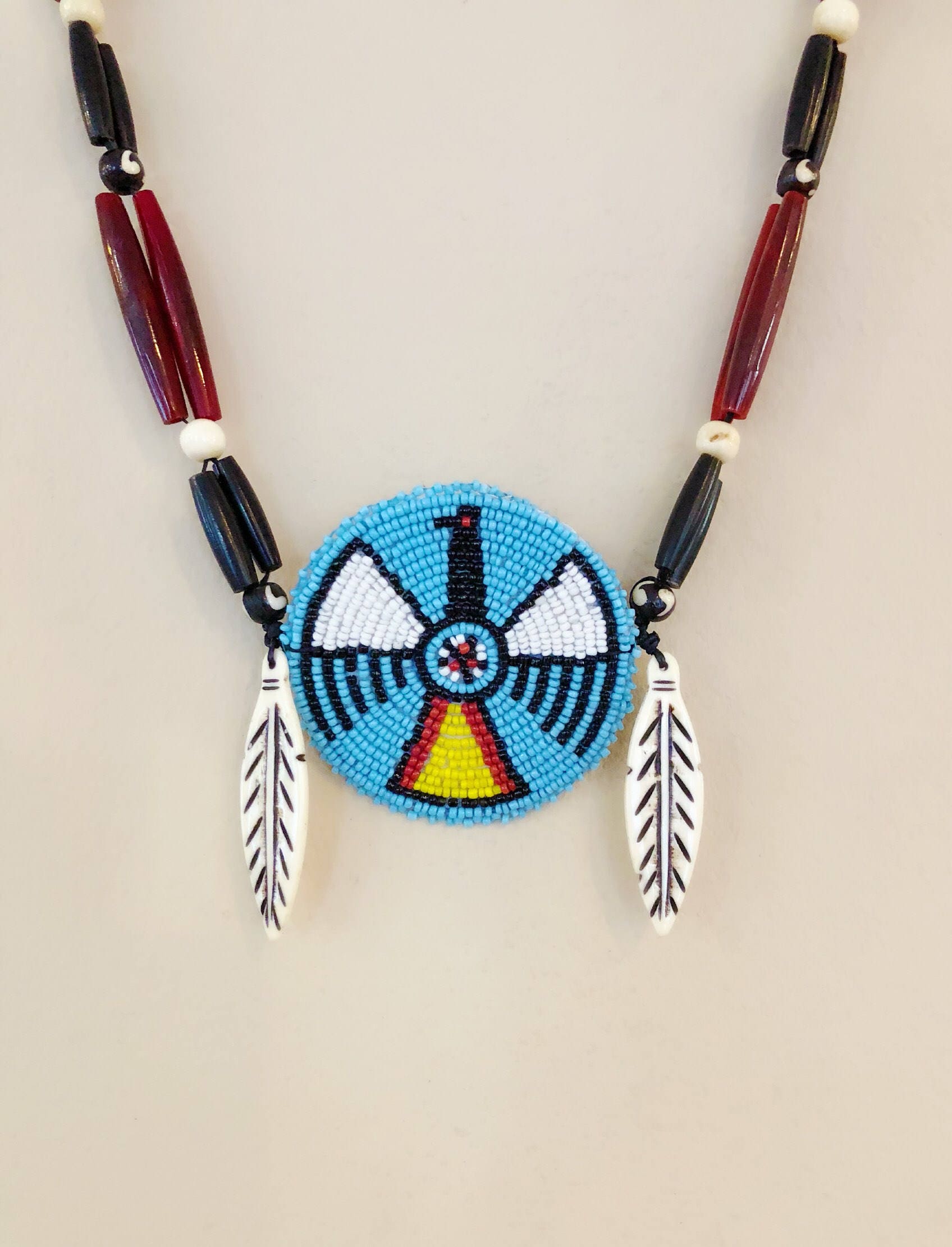 Beaded Thunderbird Medallion Necklace - Buffalo Bone Carved Feathers ...