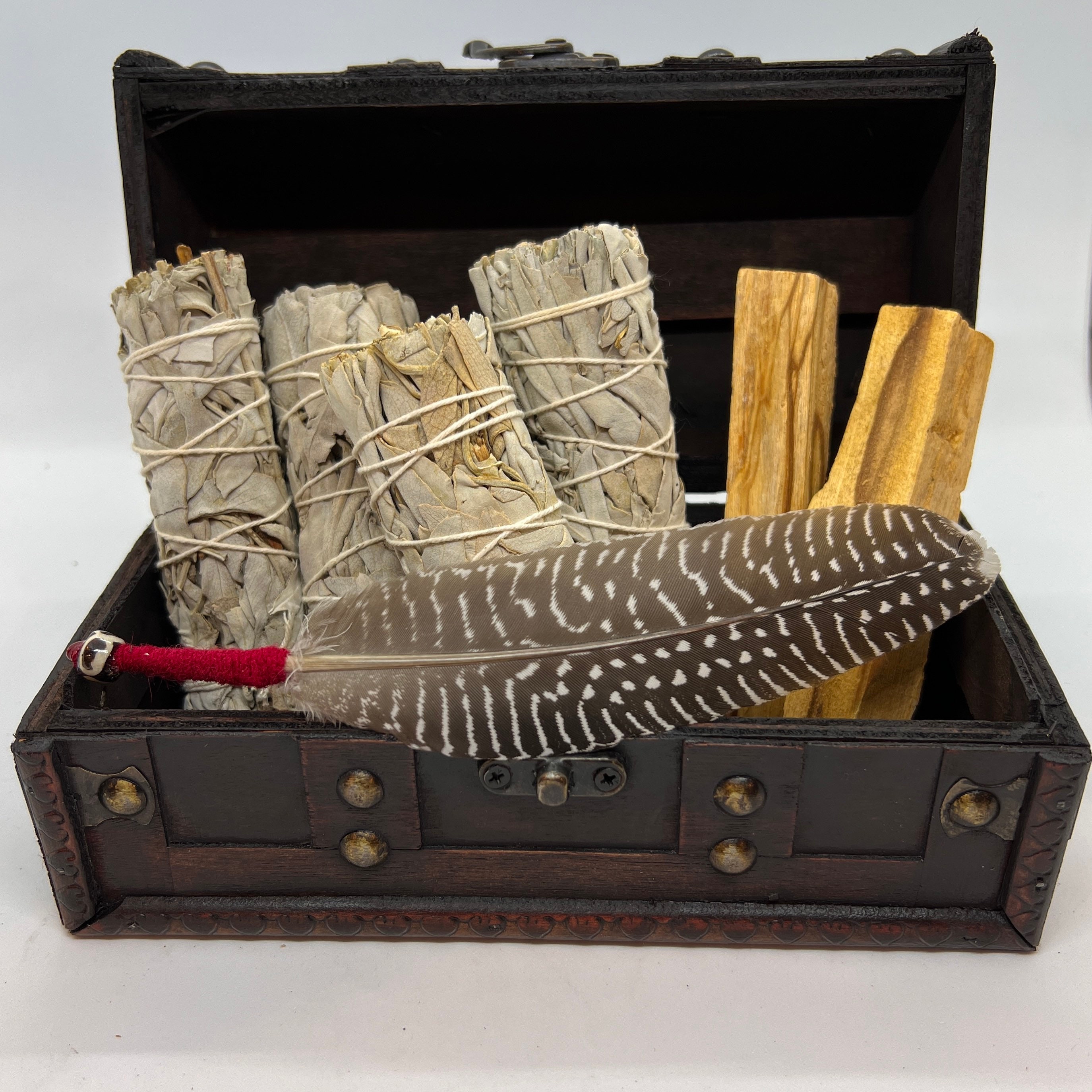 Smudge Kit Boxed Set - Wood Box - White Sage - Palo Santo - Smudge Feather
