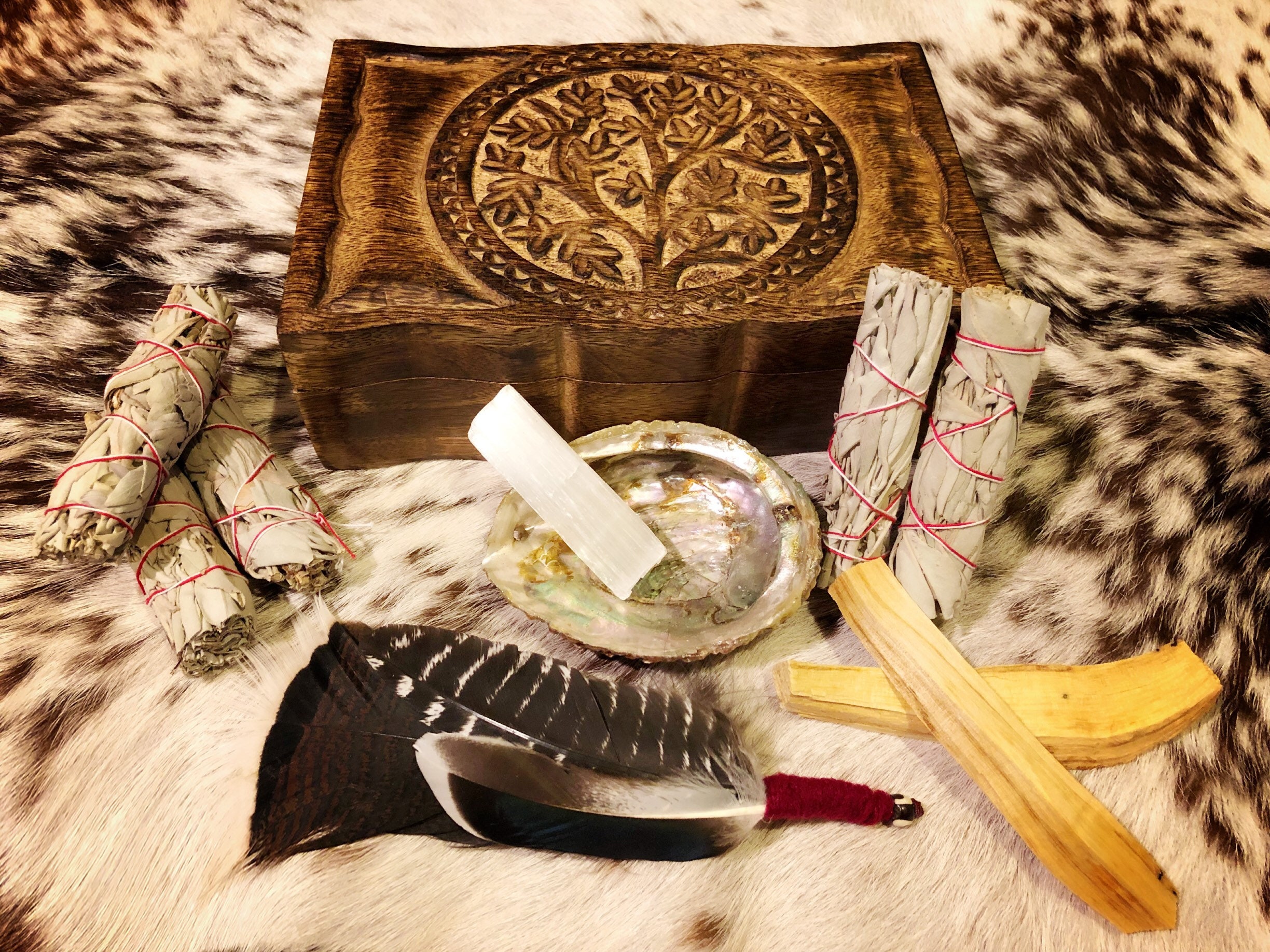Smudge Kit Boxed Set - Handmade Wood Box - White Sage - Palo Santo ...