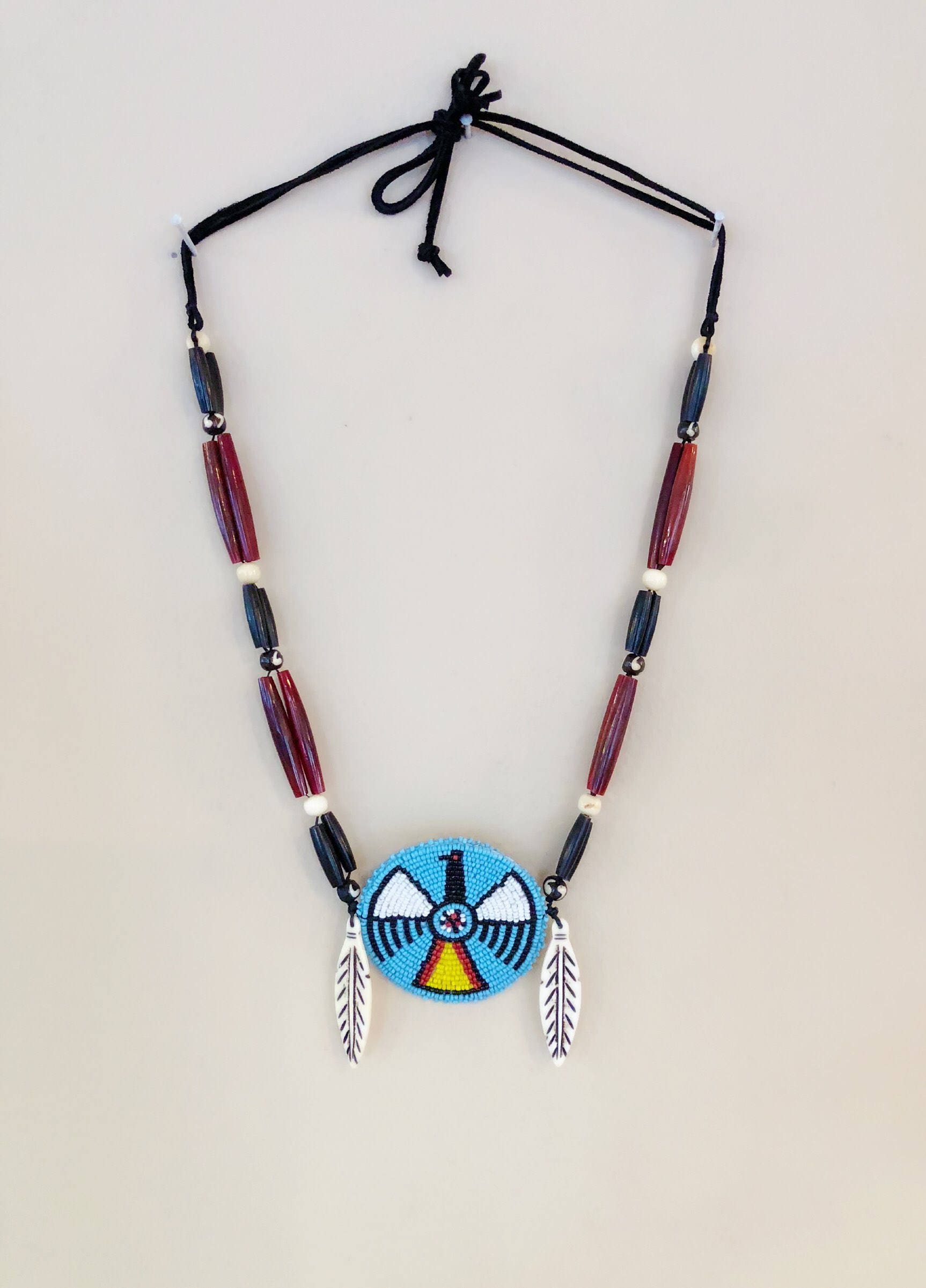 Beaded Thunderbird Medallion Necklace - Buffalo Bone Carved Feathers ...