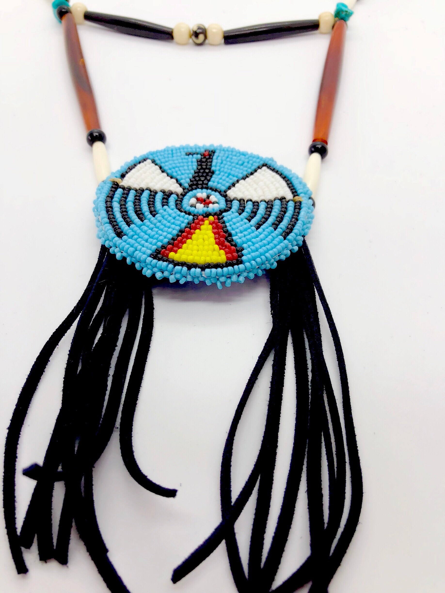 Native American Beaded Medallion Necklace - Turquoise - Buffalo Horn ...
