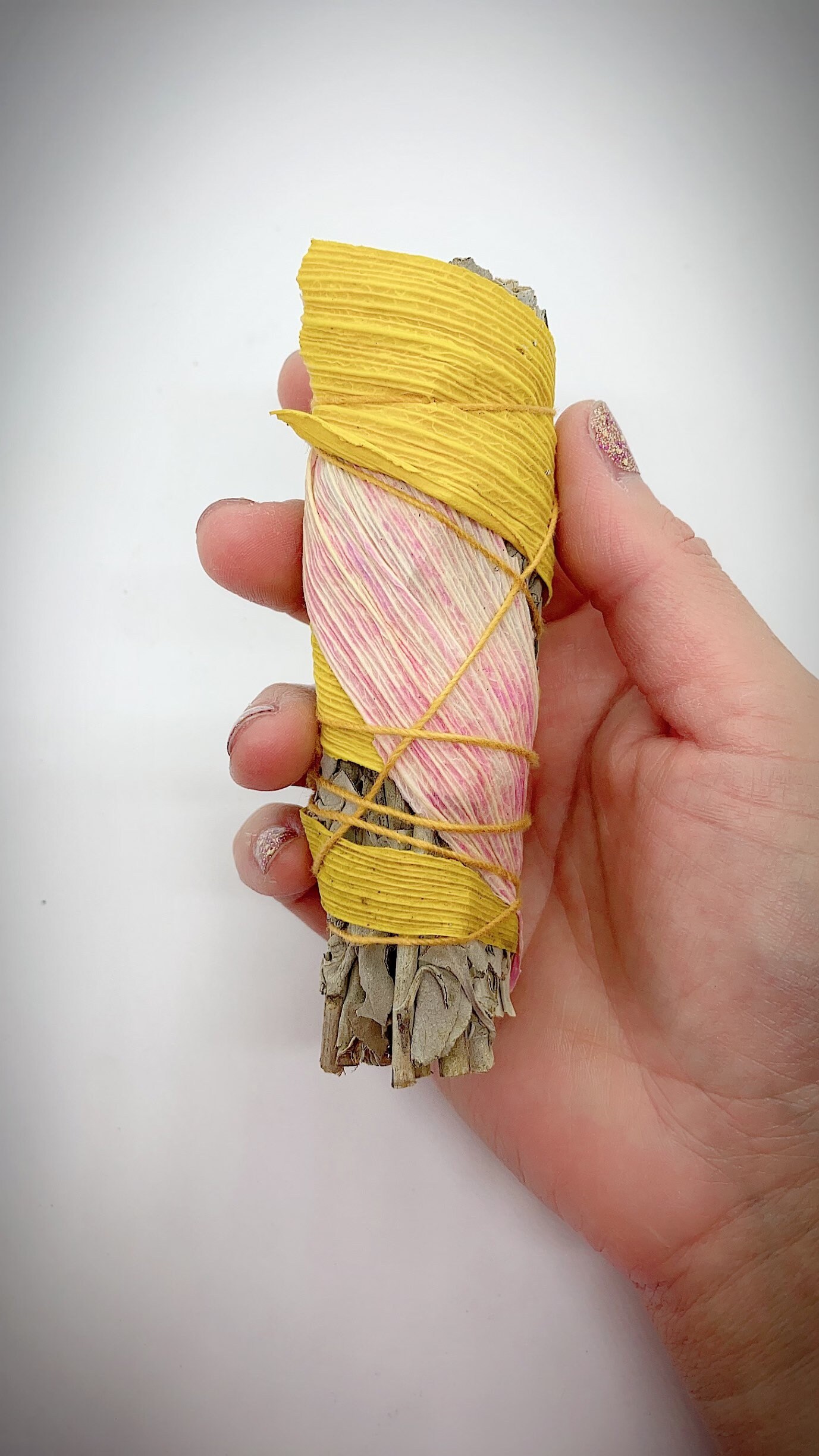 Hopi Yellow and Pink Corn Leaf Wrapped White Sage - 4” - Sold Individually