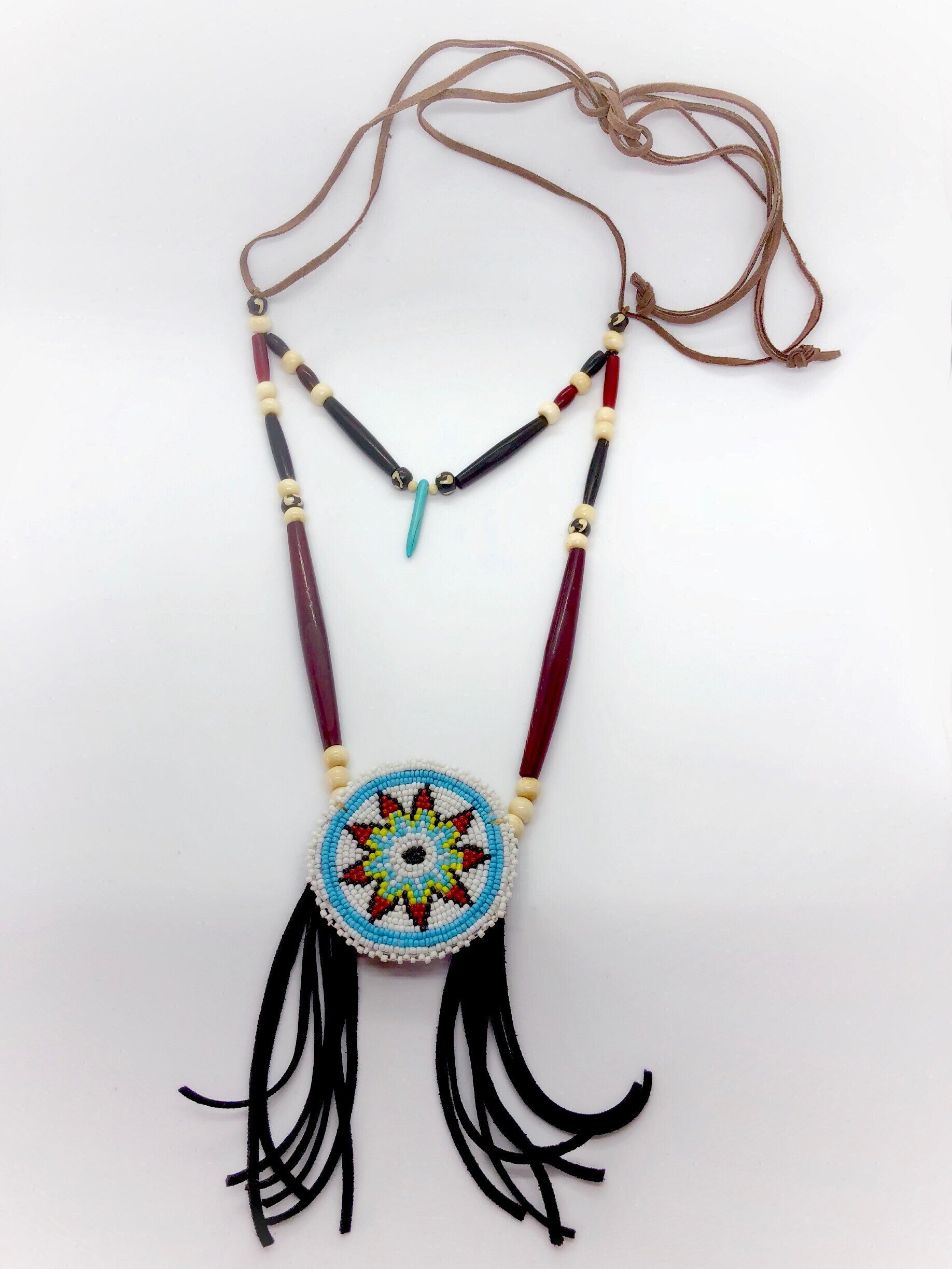 Native American Beaded Medallion Necklace Glass Beadwork Sage