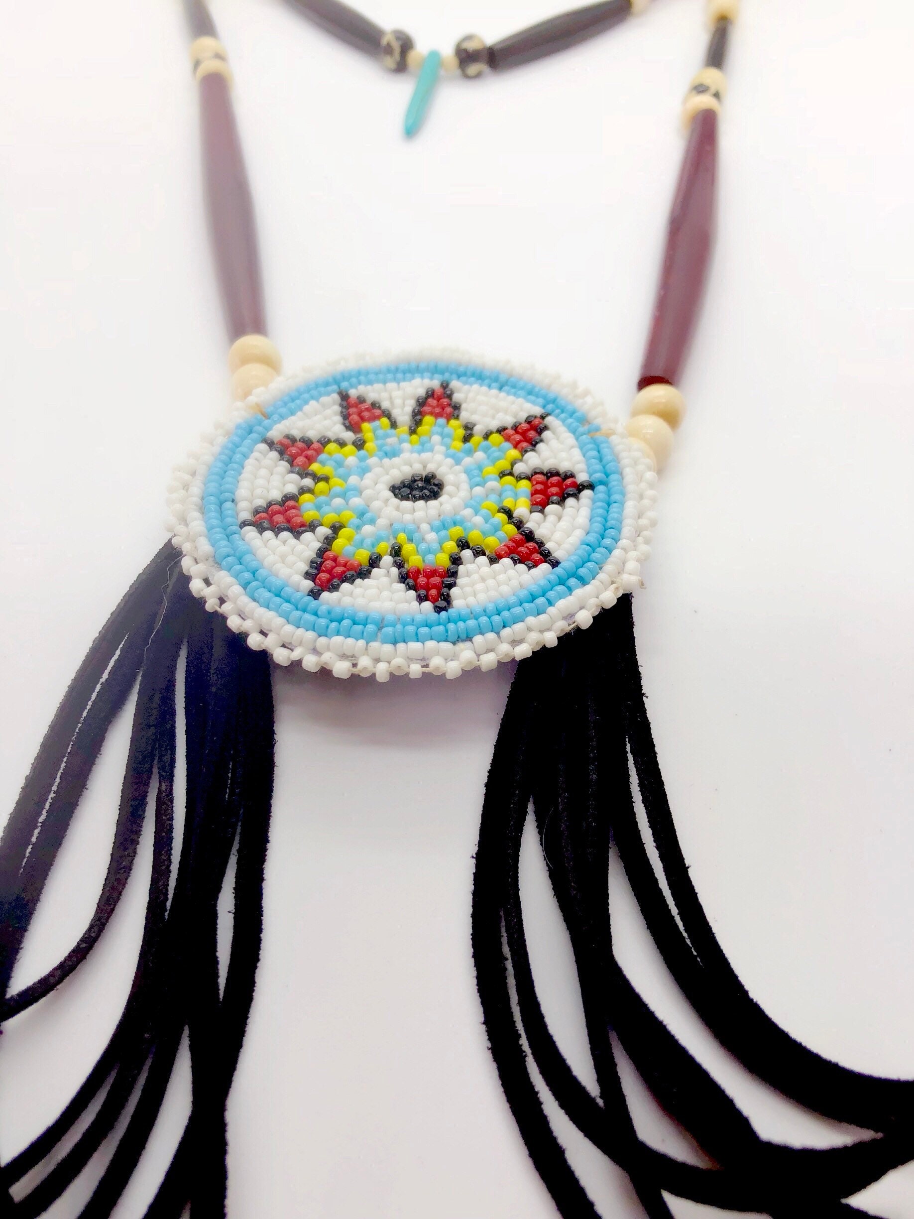 Native American Beaded Medallion Necklace - Glass Beadwork - Sage ...