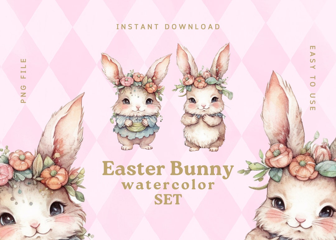 Cute Easter Bunny Clipart, DIGITAL DOWNLOAD, Pastel Watercolor Spring ...