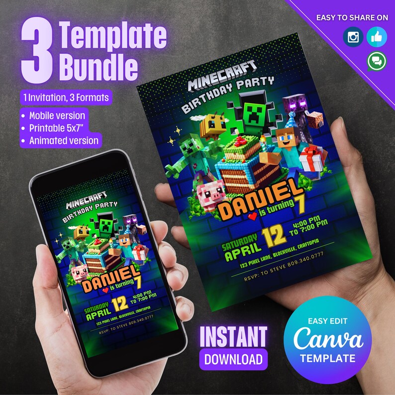 Editable Minecraft Birthday Invitation Instant Download Templates Mine
