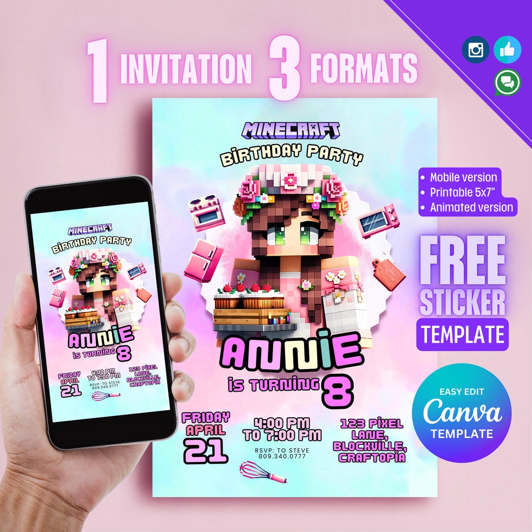 Personalized Minecraft Girl Digital Invitation Fun Pixel Party Invite ...