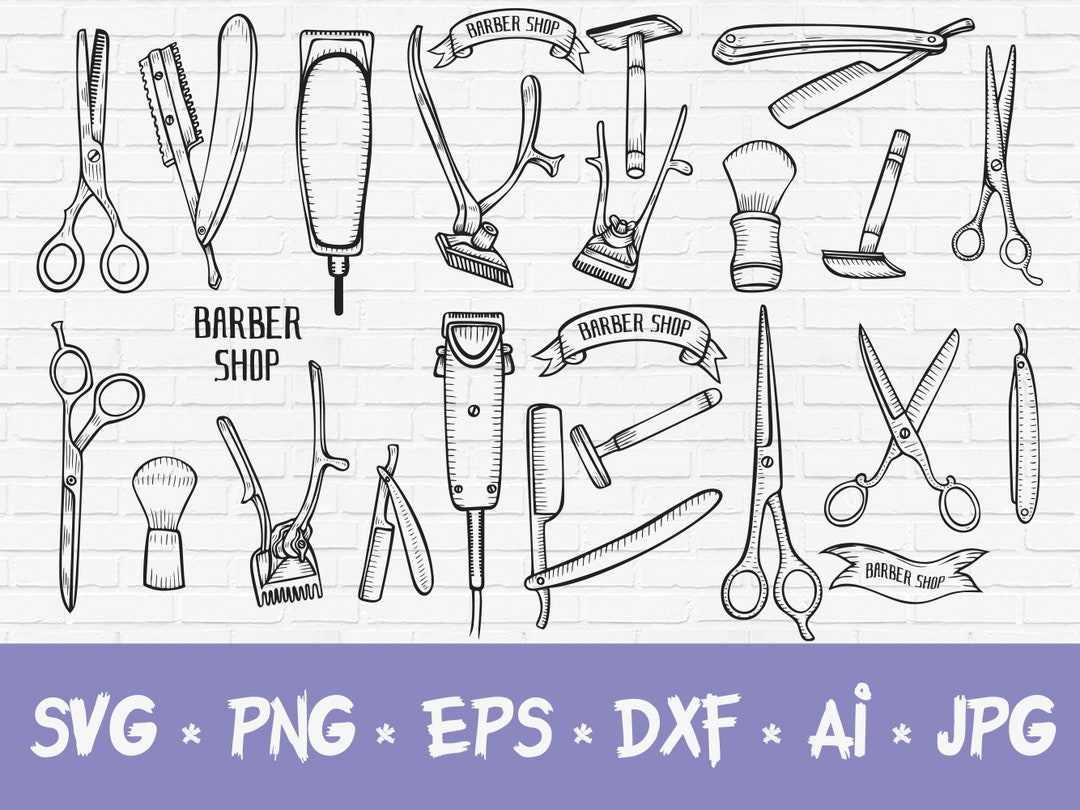 Barbershop Tools Svg Bundle Dxf Png, Hand Drawn Engraving Clipart ...