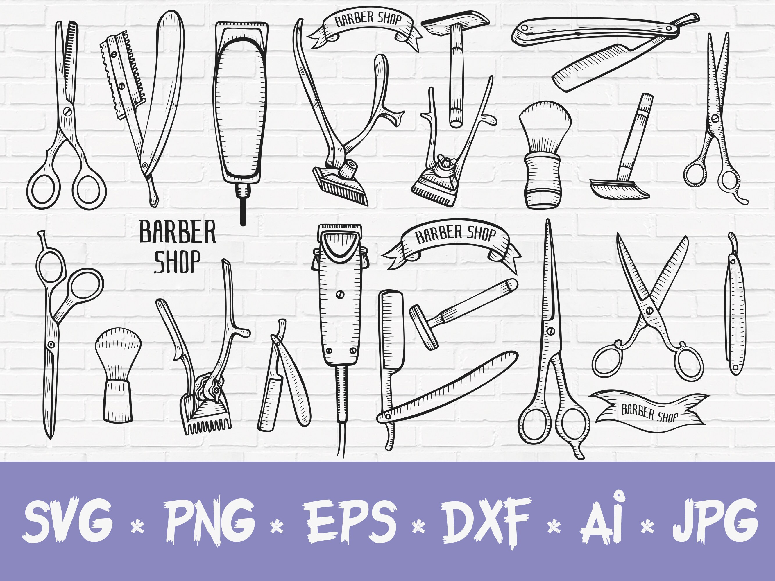 Barbershop Tools Svg Bundle Dxf Png, Hand Drawn Engraving Clipart ...