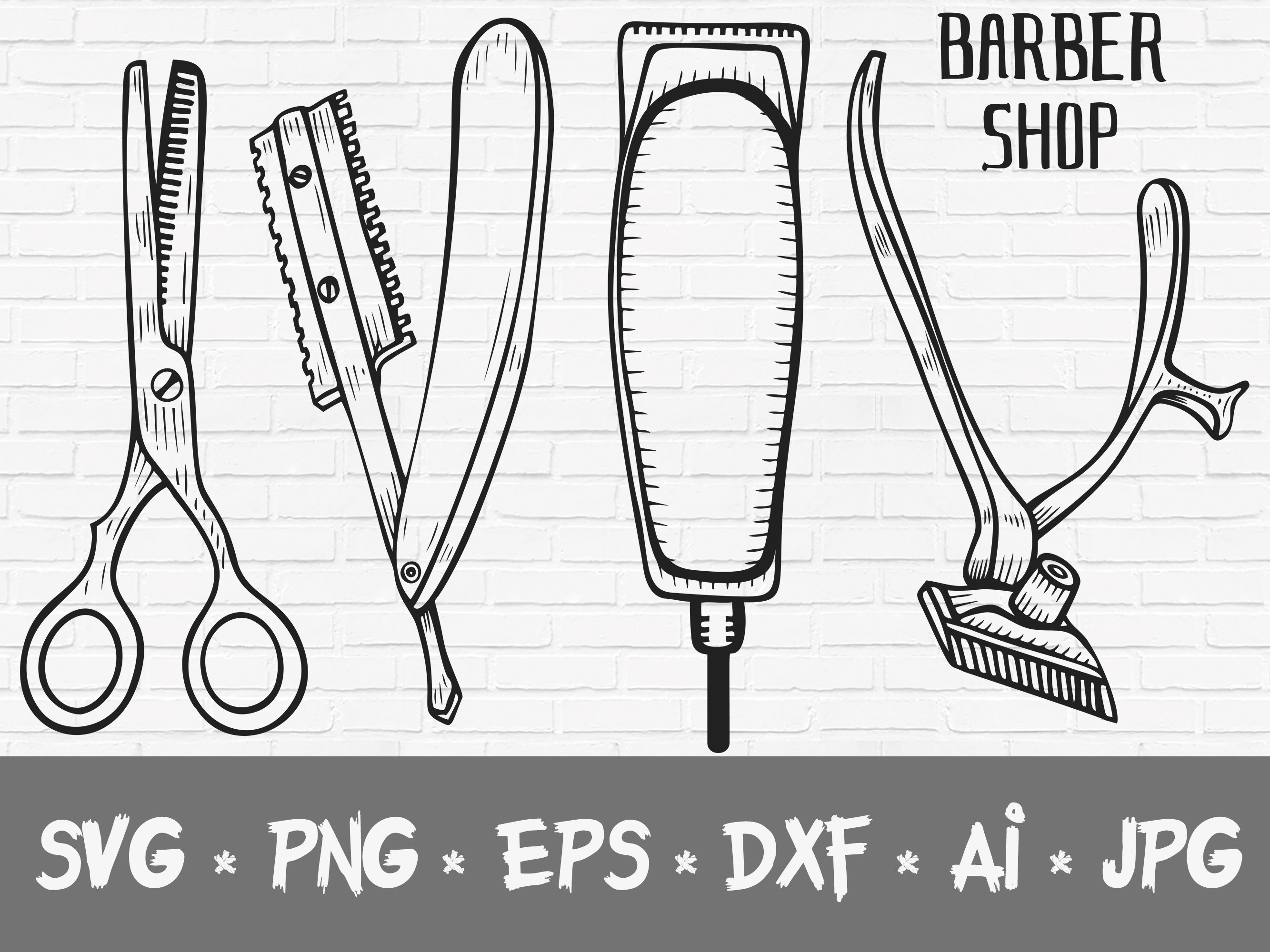 Barbershop Tools Svg Bundle Dxf Png, Hand Drawn Engraving Clipart ...