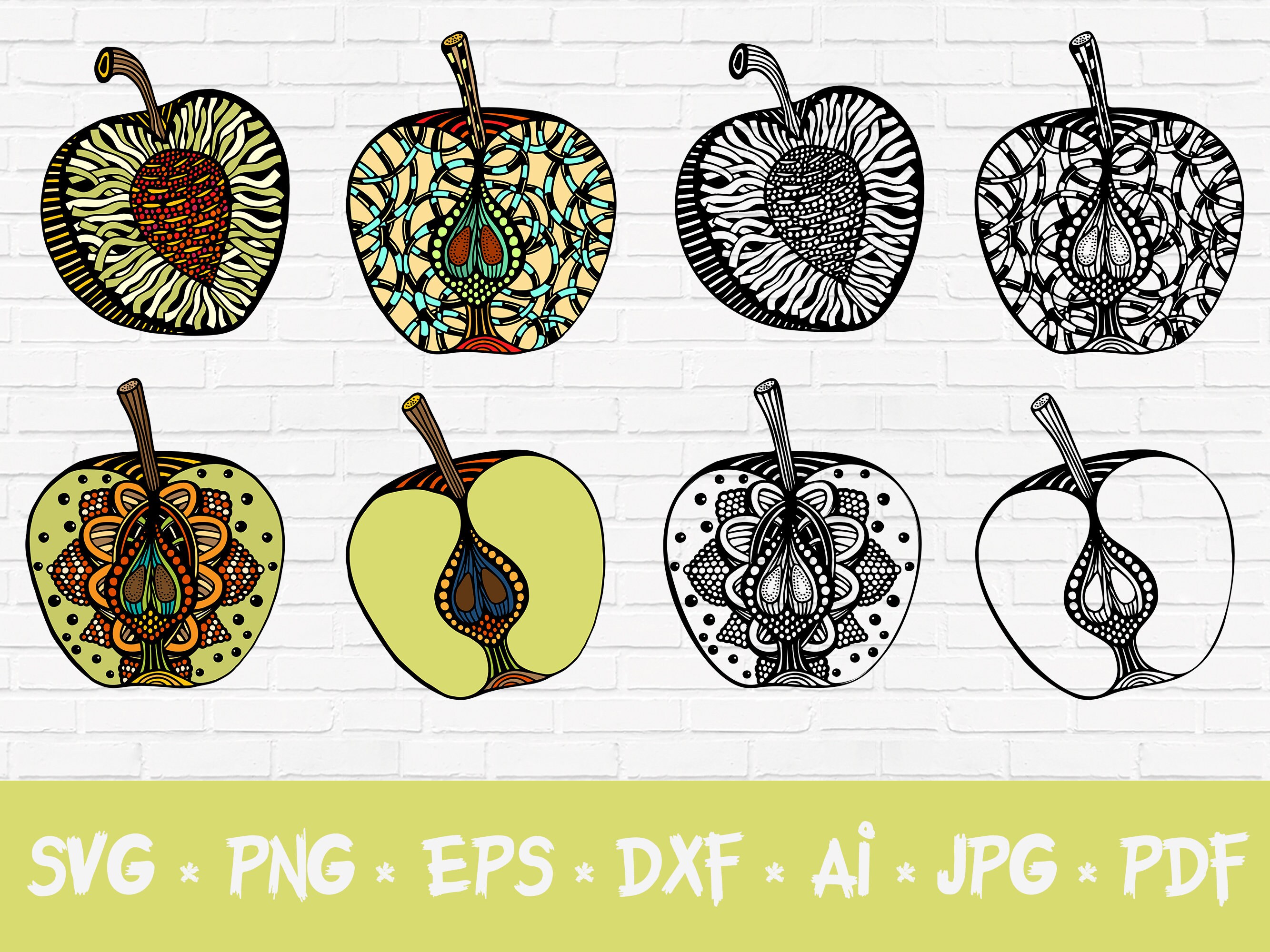 Apple Mandala Zentangle Svg, Apple Clipart Dxf, Bundle Cut File, Apple ...