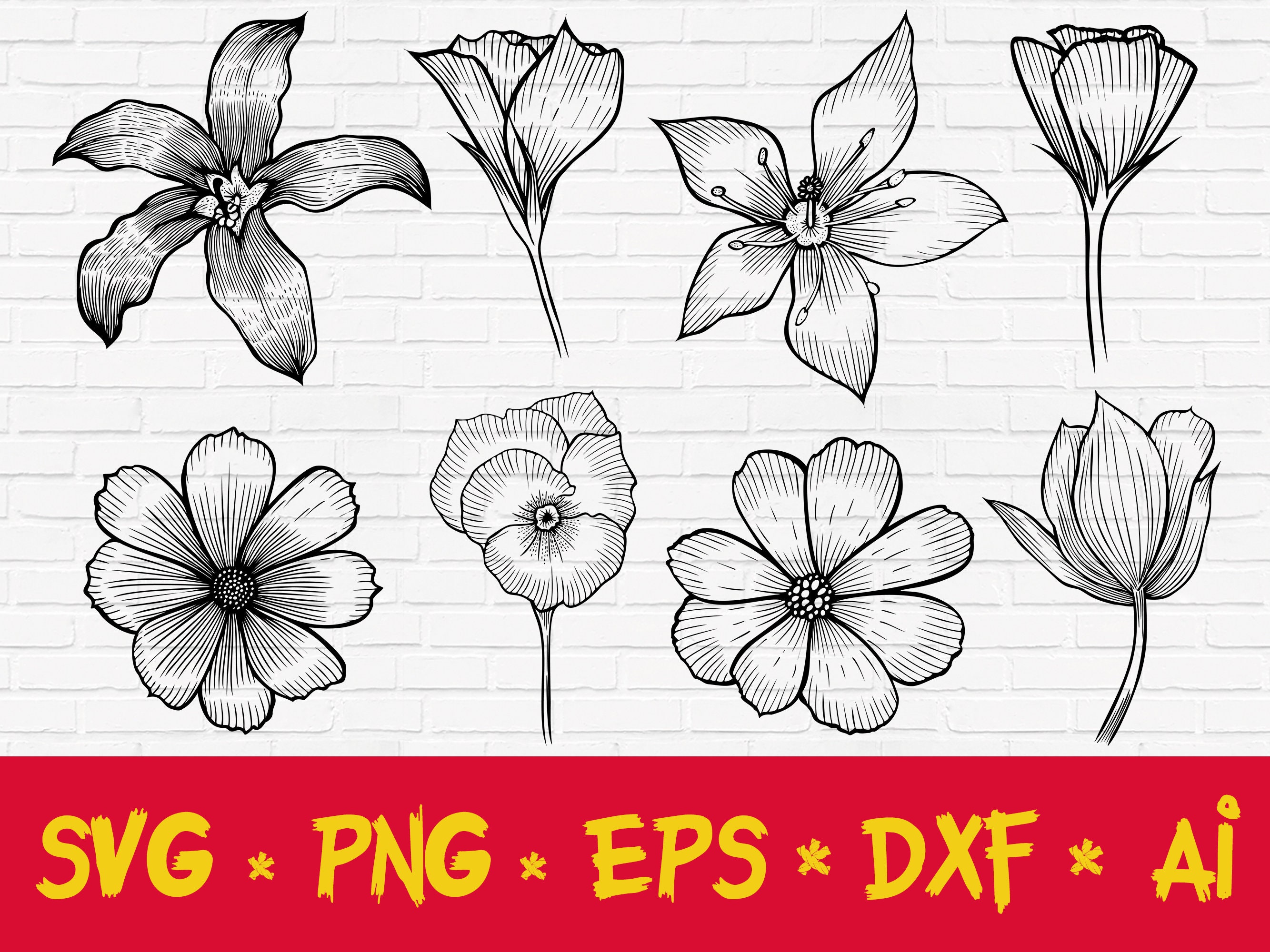 Flowers Svg Bundle Flowers Svg Png Hand Drawn Floral Svg - Etsy