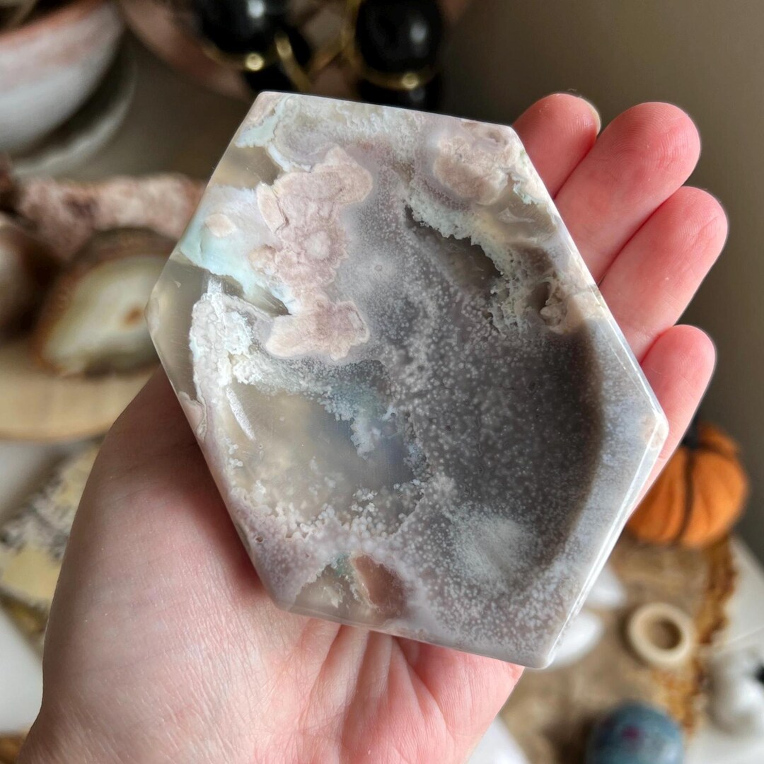 Flower Agate Dish - Sakura Agate Hexagonal Dish - UV Reactive Stone ...