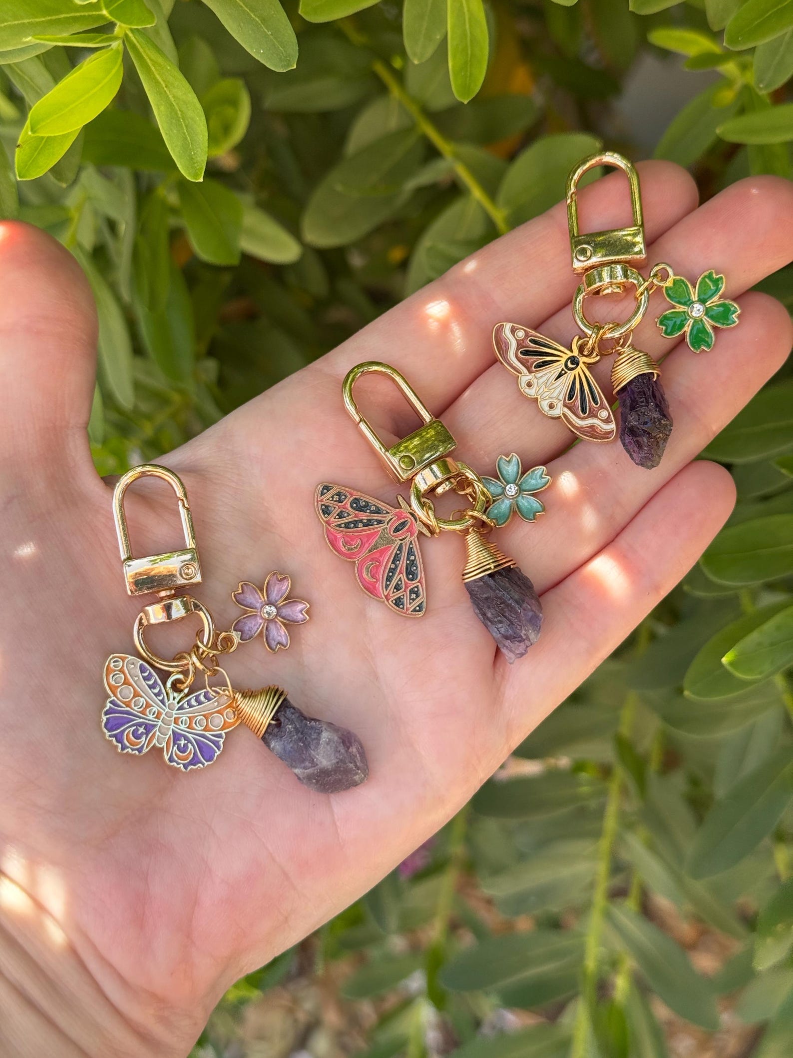 Raw Stone Moth Butterfly Bag Charm: Natural Amethyst Citrine Rose ...