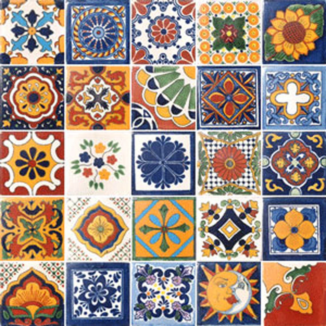 25 Assorted Designed Mexican Ceramic 4x4 Inch Hand Made Tiles Set #001 ...