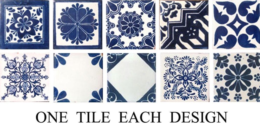 10 Assorted Mexican Ceramic 4x4 Inch Handmade Blue Tiles 1 Each Design ...