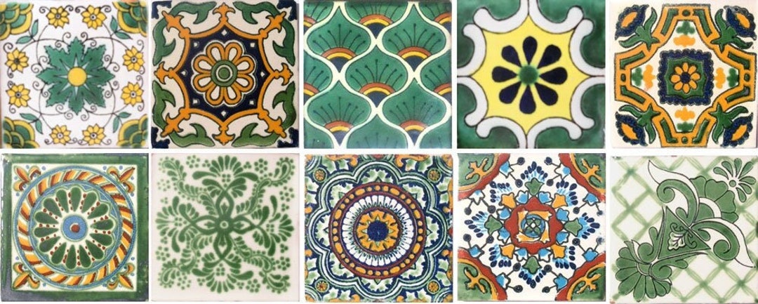 10 Mexican Ceramic Tiles 4x4 Inch Handmade Green Tiles (1 Each Design ...