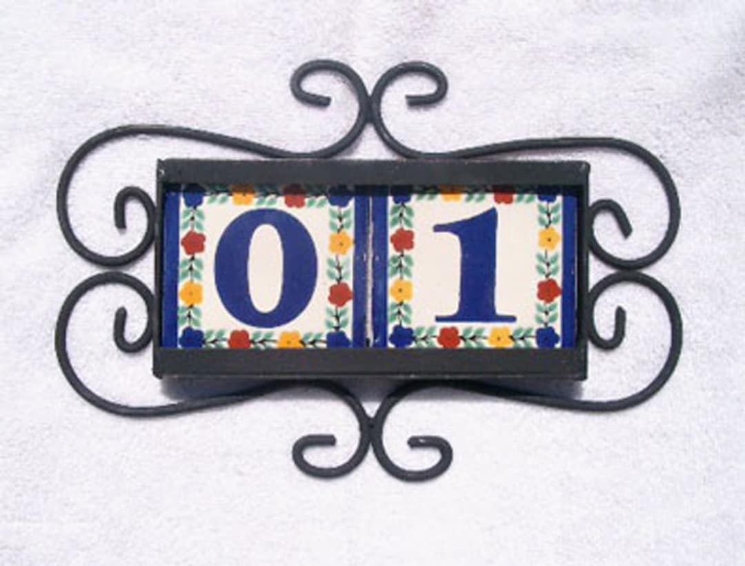 House Number, 2 Mexican Tiles Talavera House Numbers & Horizontal Iron ...