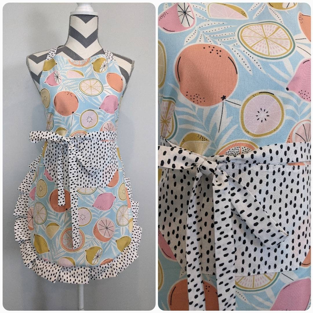 Adult Apron. Woman's Apron. Pastel Citrus and Fruit With Light Blue on ...