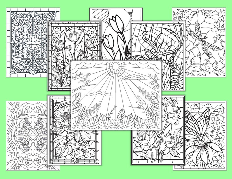 Nature Stain Glass Coloring Pages - Set of 10 - Digital Download - Etsy