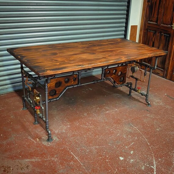 Solid Wood Vintage Dining Table Antique Style Table Cast Metal Wood ...