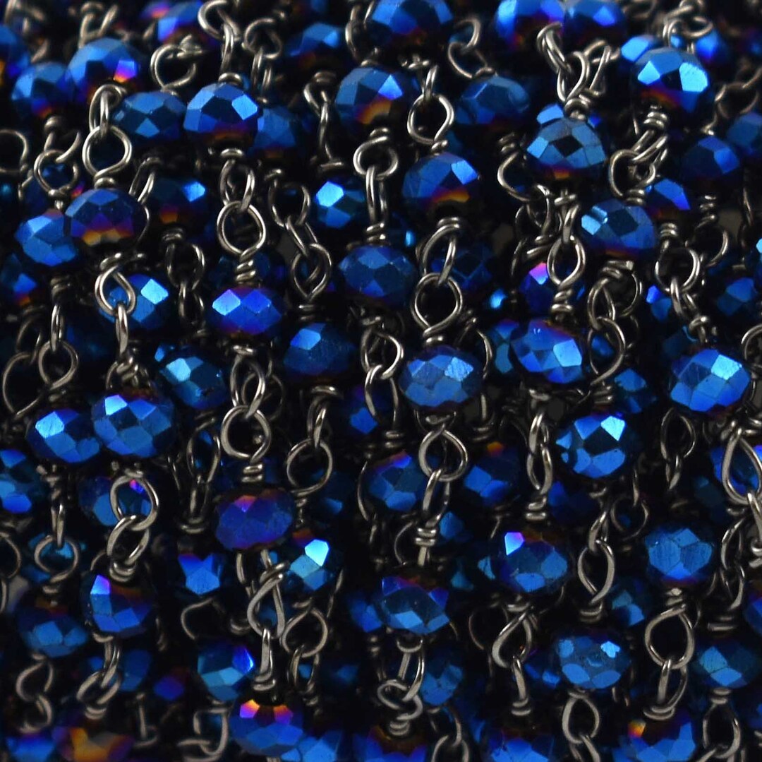 One Feet Blue Hyrdo Glass Faceted Beaded Chain ,rosary Chain Black Wire ...