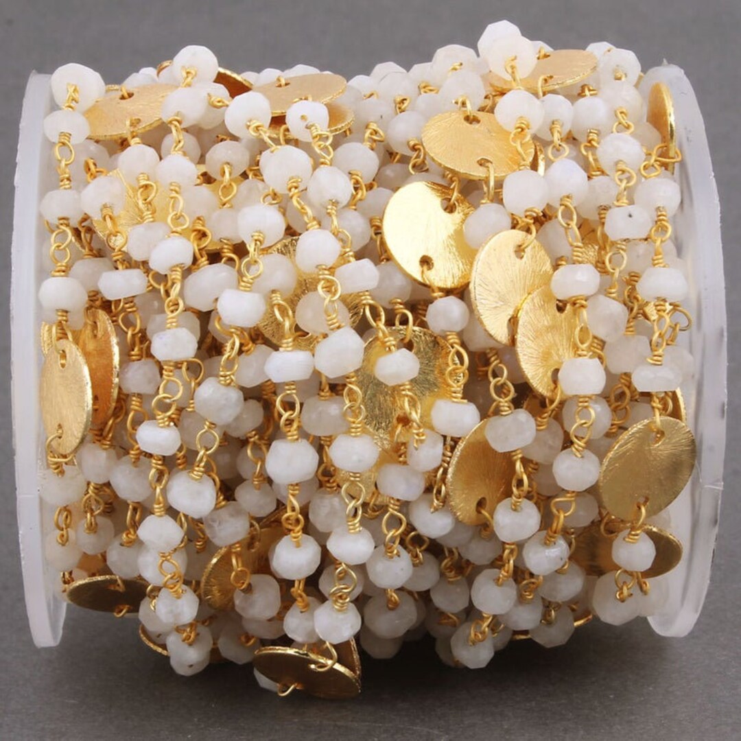 5 Feet White Rainbow Moonstone With Brushed Round Coin 10mm 24K Gold ...