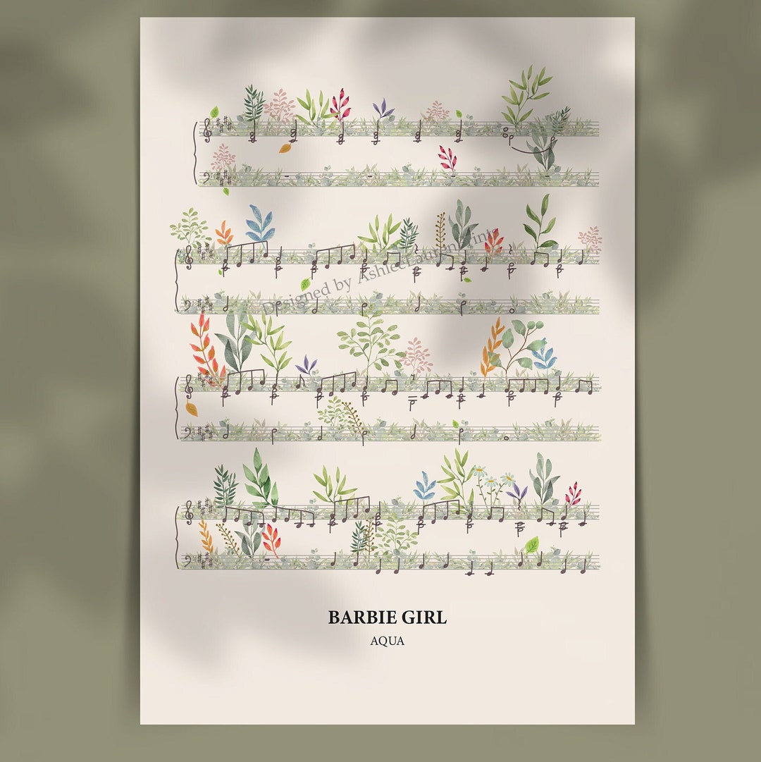 Music Sheet Inspired Poster Print | Barbie Girl, Aqua, Hand-drawn ...