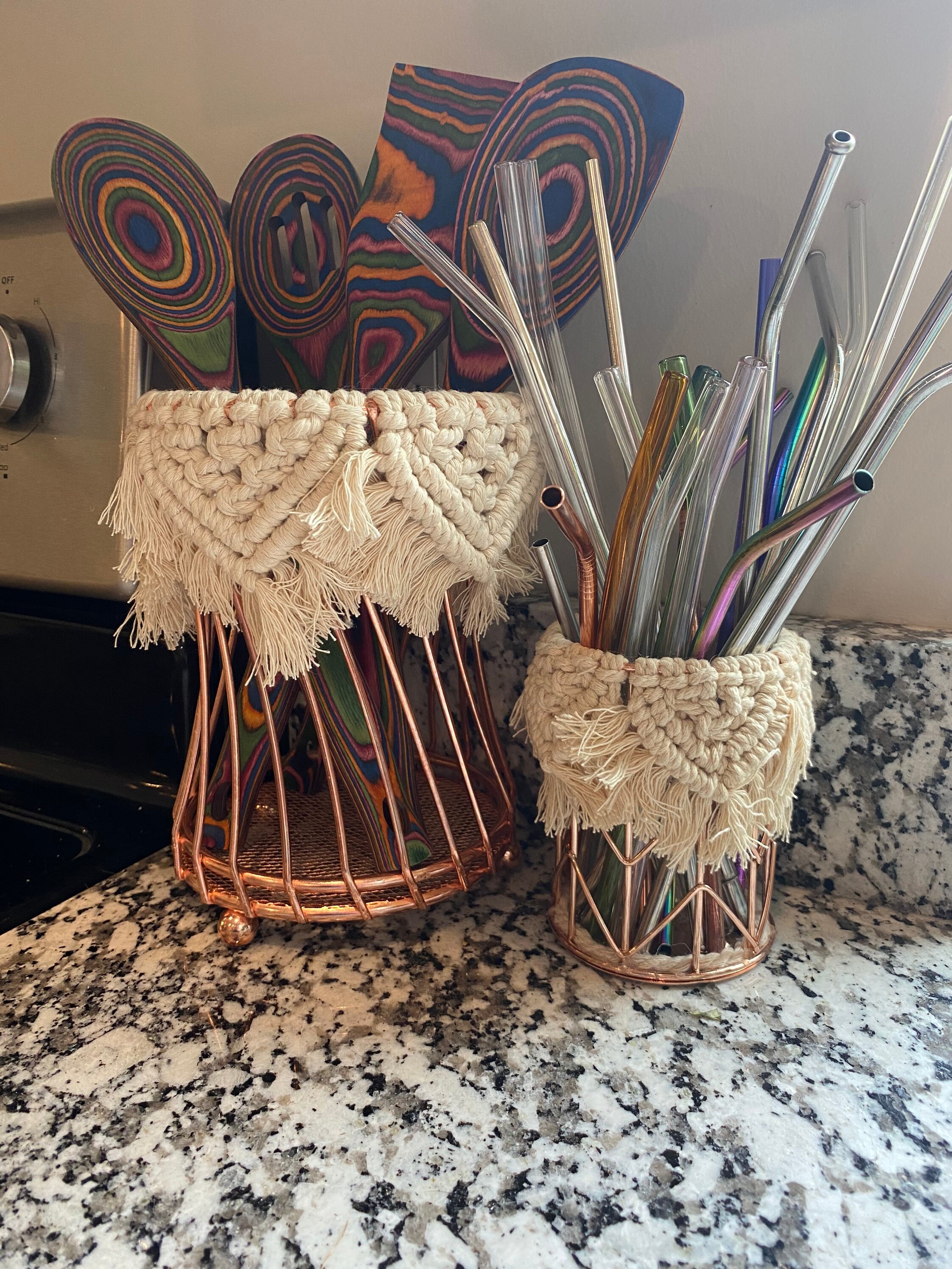 Rose Gold Macrame Straw Holder - Etsy