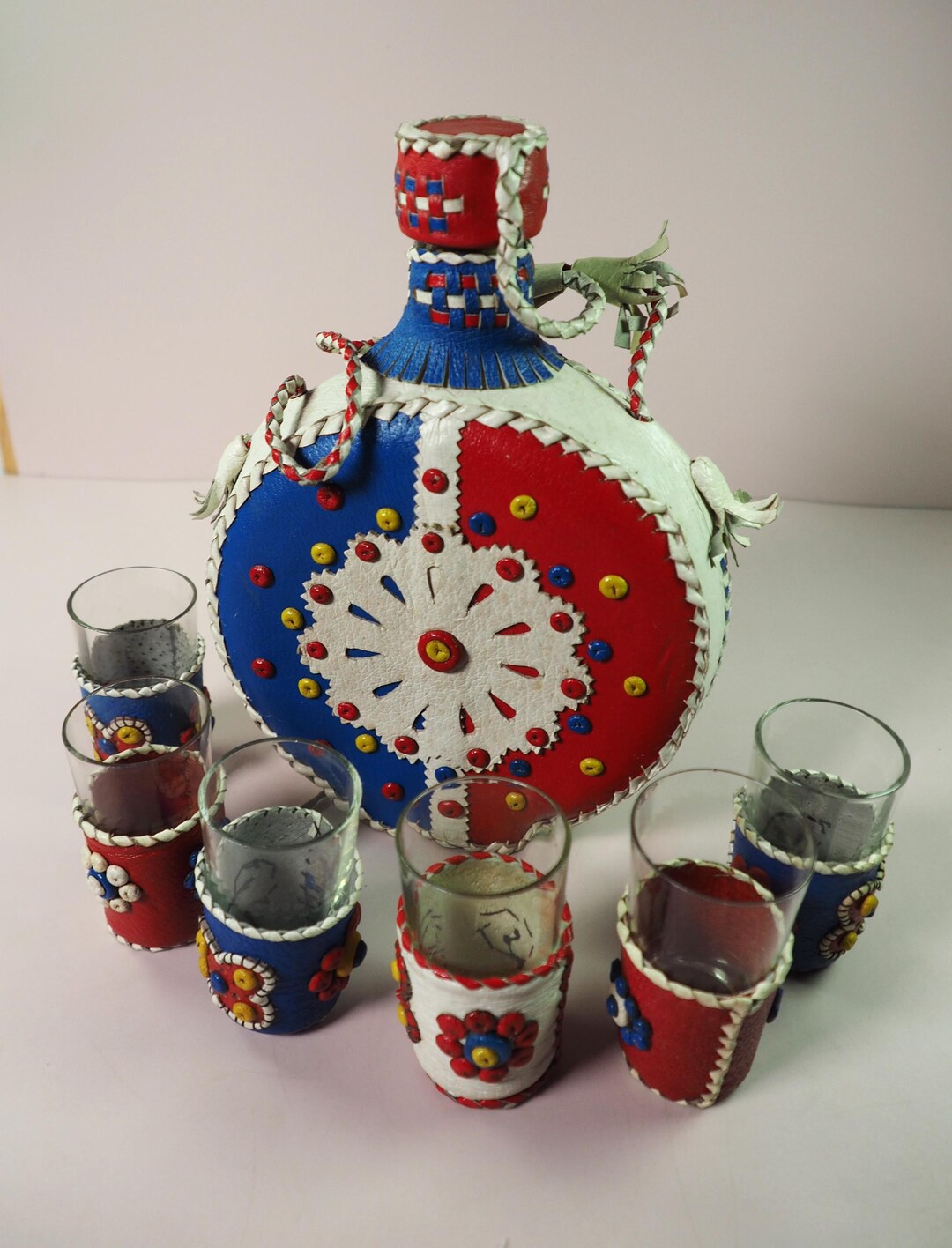 Vintage Set of a Glass Flask Covered With Leather and 6 Shot Glasses ...