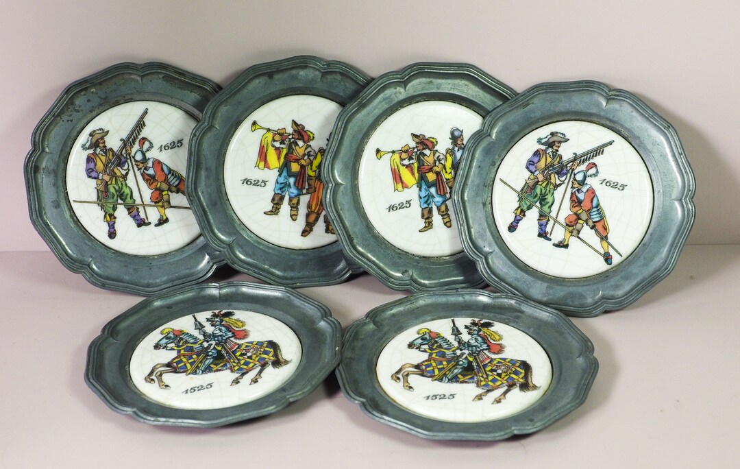 Vintage Pewter Decorative Plates With Ceramic Insert. 6 Pieces. Germany ...