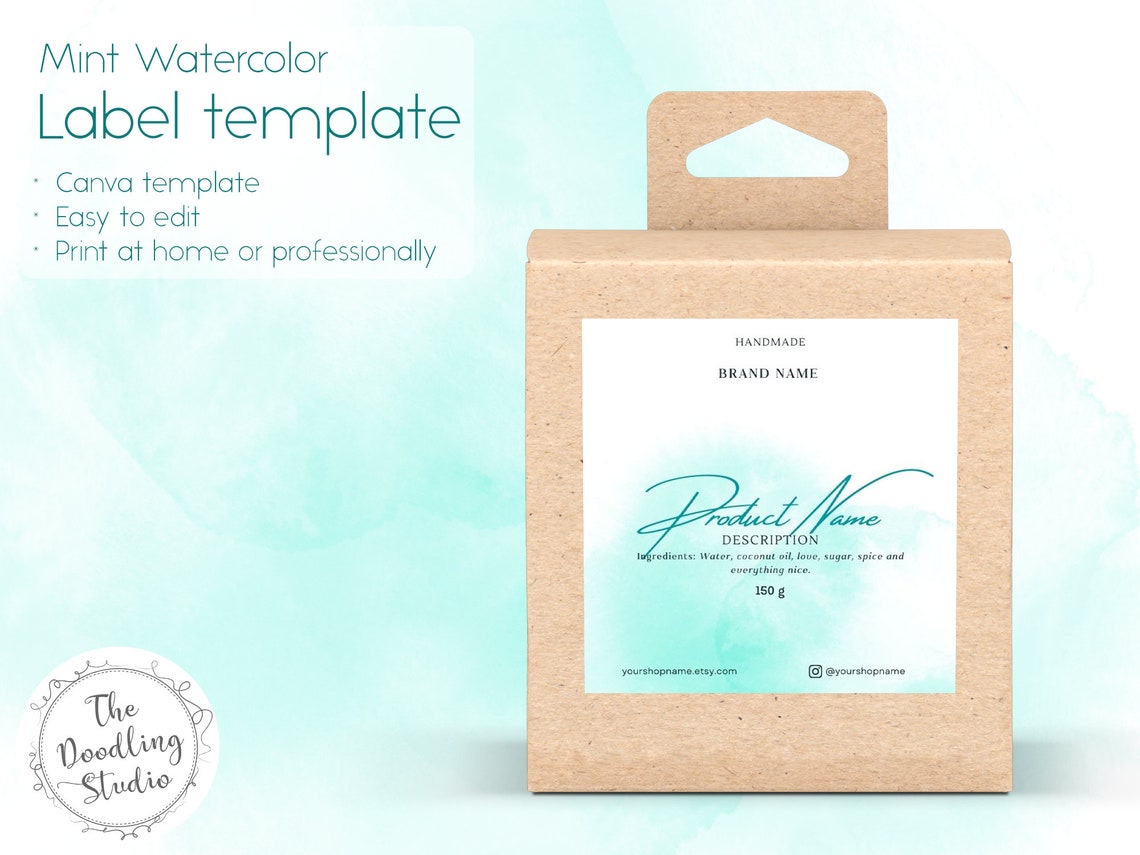 Mint Watercolor Square Label Template for Candles, Lotions, Body Butter ...
