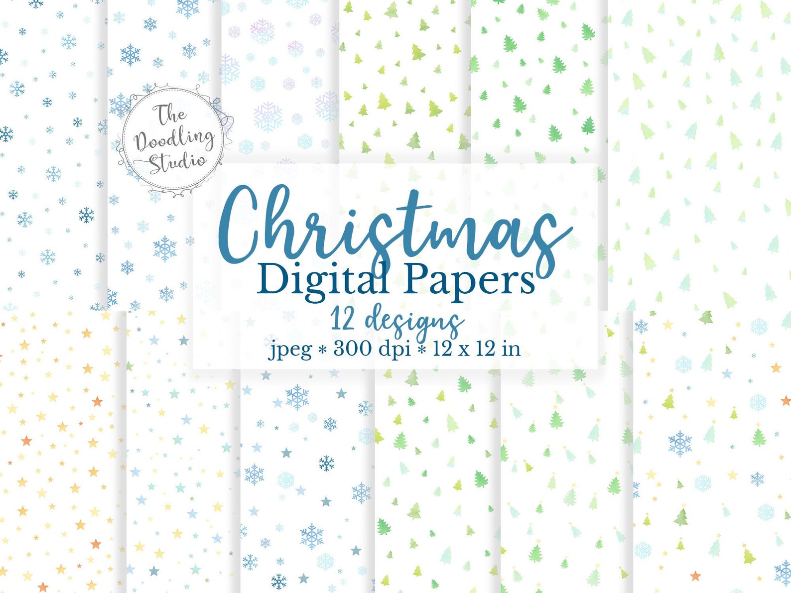 Christmas Watercolor Textures Digital Papers Snowflakes, Stars and ...